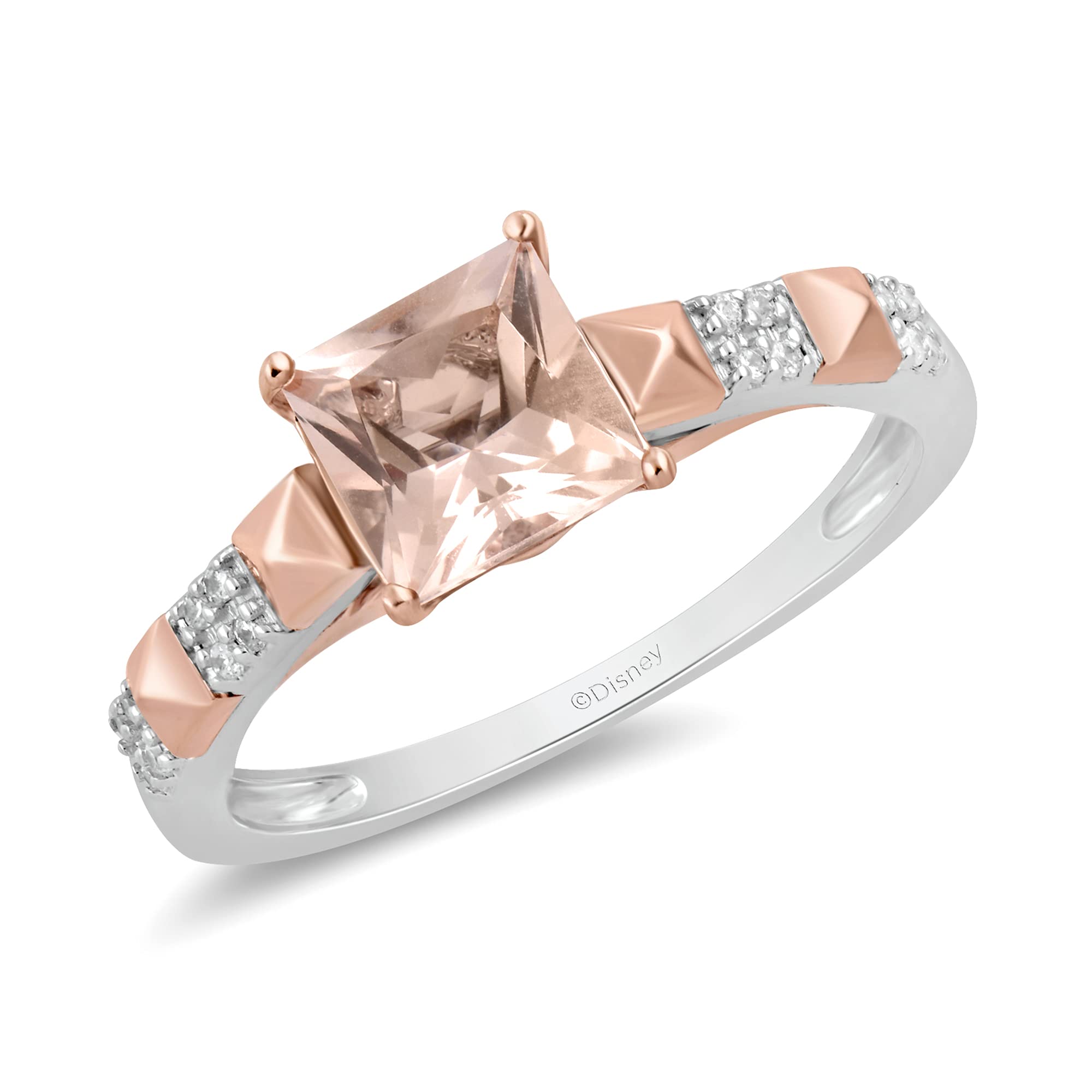Jewelili Enchanted Disney Fine Jewelry Sterling Silver and 10K Rose Gold 6 MM Cushion Center Morganite and 1/20 Cttw Natural White Round Diamonds Aurora Engagement Ring Size 7