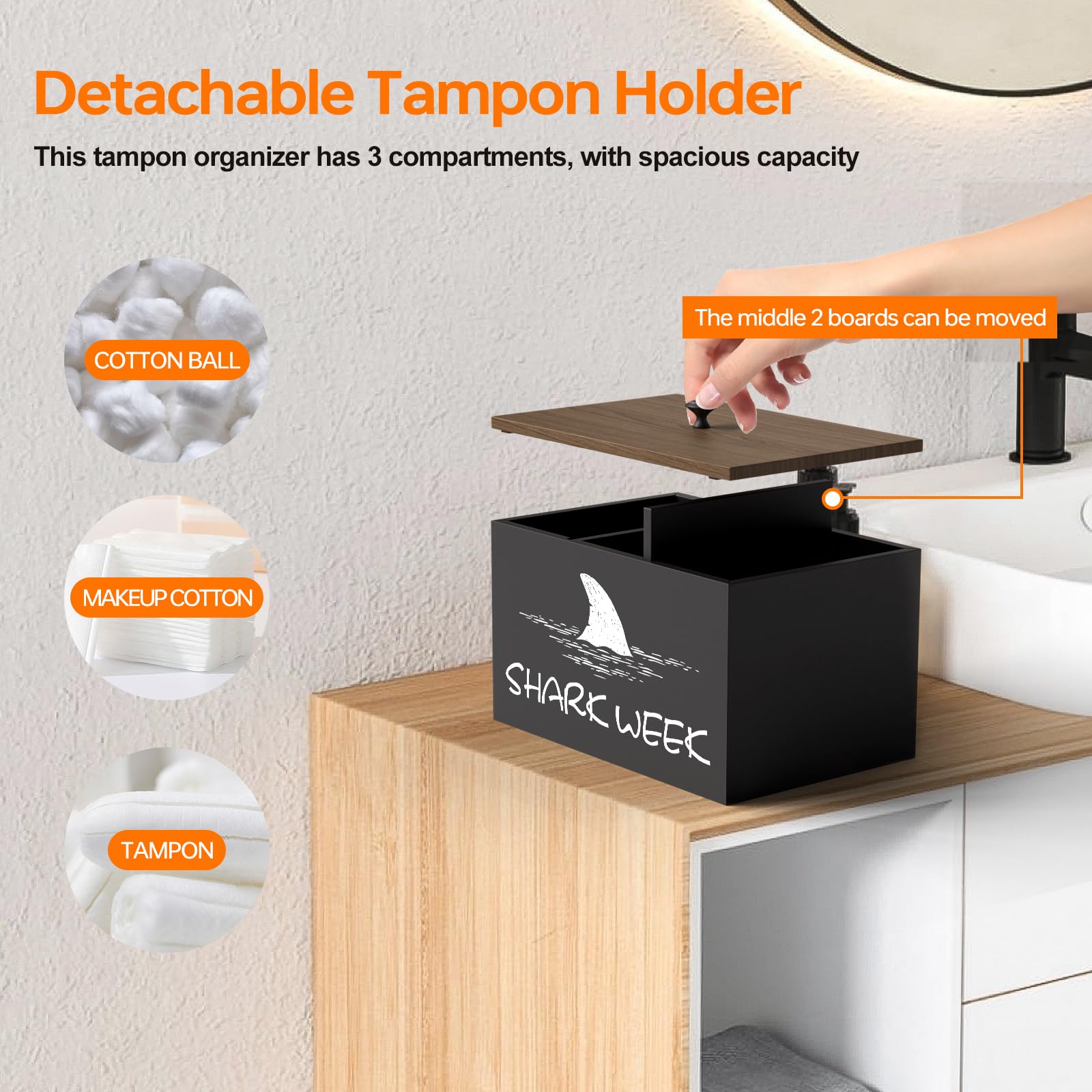 Tampon Holder For Bathroom, Tampon Storage Container,Feminine Product Organizer,Removable Organizer,Shark Week Wood Box With Lid, Tampon Organizer,Christmas Gifts for Mom and Female Friends (Black)