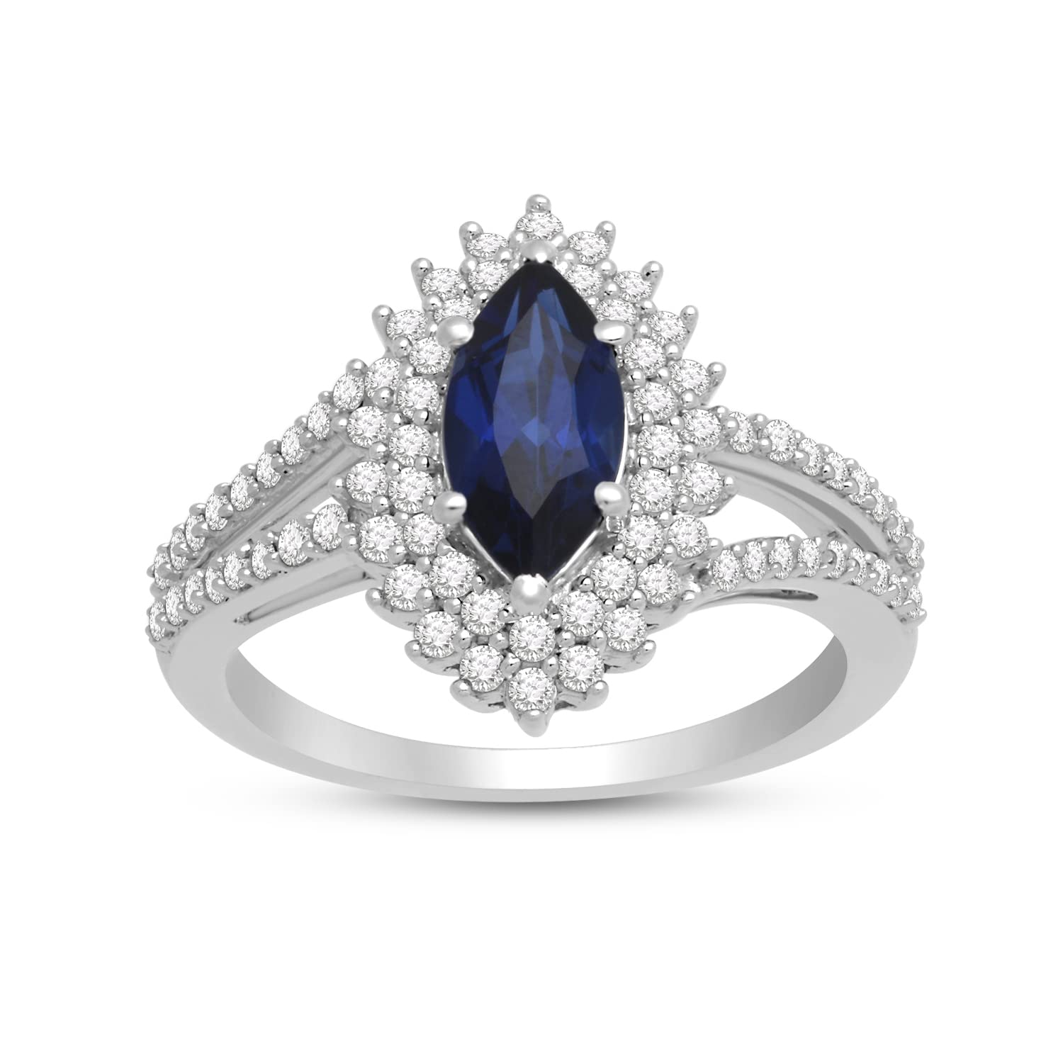 Jewelili Sterling Silver 10x5mm Marquise Created Ceylon Sapphire with Round Created White Sapphire Cocktail Ring, Size 7