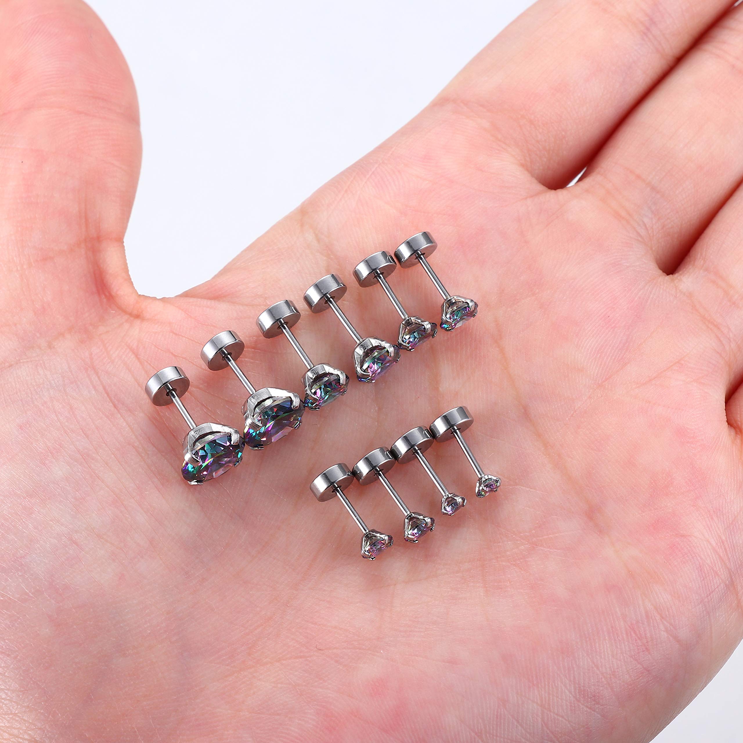 Jstyle 5Pairs 18G Stainless Steel CZ Stud Earrings for Women Men Cartilage Helix Earrings Set Round CZ Screw back Flat Back Stud Earring Piercing Set 3-8mm