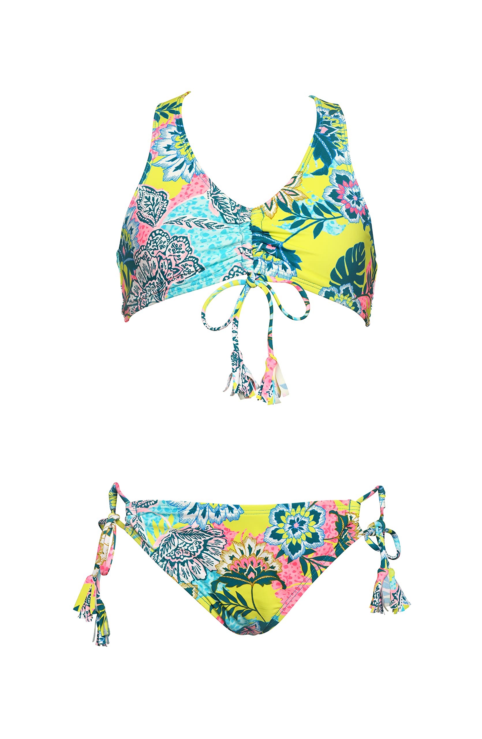 Hobie Girls' Racerback Bikini Top and Side Tie Hipster Bottom Swimsuit Set, Multi//Venice Vibes, 7