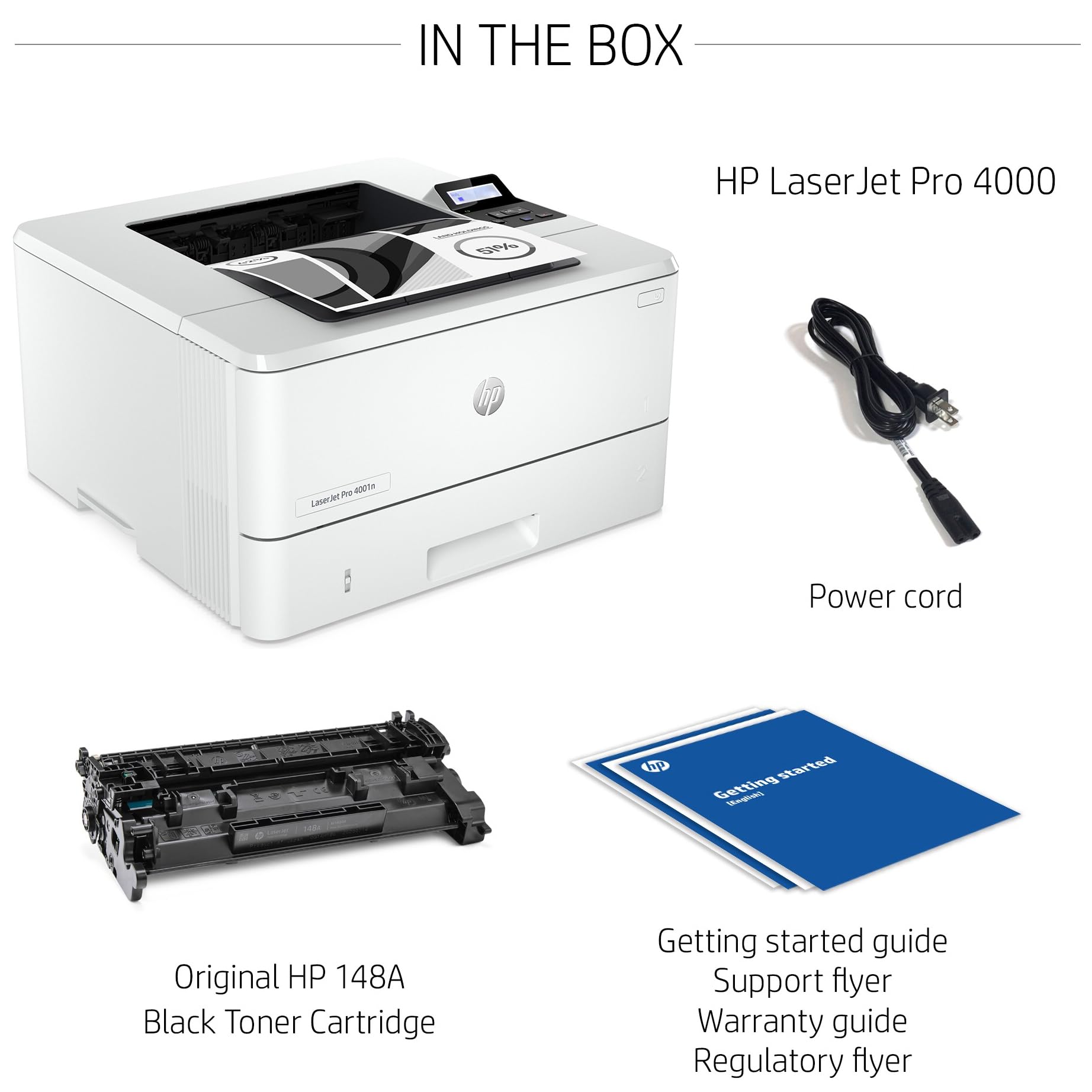 HP Laserjet Pro 4001n Single-Function Monochrome Laser Printer, White - Print only - Mobile Printing, 42 ppm, 1200 x 1200 dpi, Manual 2-Sided Printing, 8.5 x 14, Ethernet, Hi-Speed USB