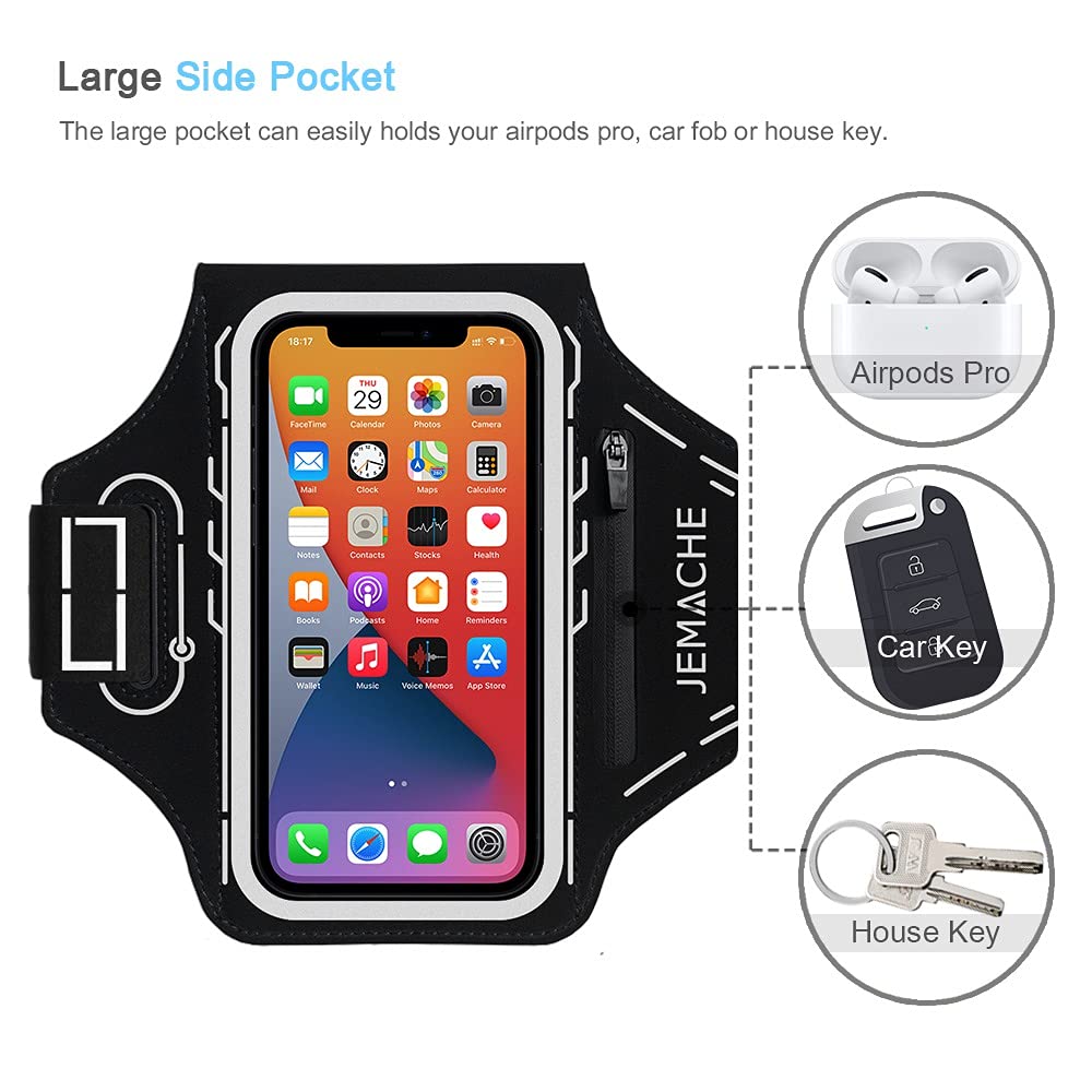 JEMACHE Running Armband for iPhone 15 14 13 12 11 Pro, Samsung Galaxy S24 S23 S22 S21, Gym Workouts Arm Band with Airpods Holder (Black)