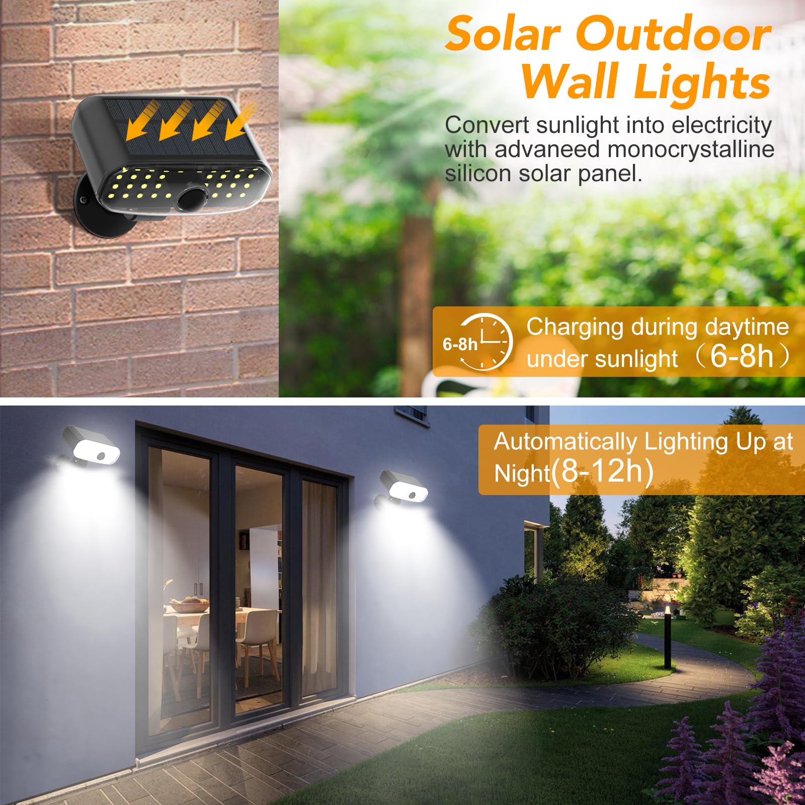 HVYBOD Solar Lights Outdoor 2 Pack Solar Motion Sensor Security LED Lights,3 Lighting Modes IP65 Waterproof Wireless Solar Wall Lights