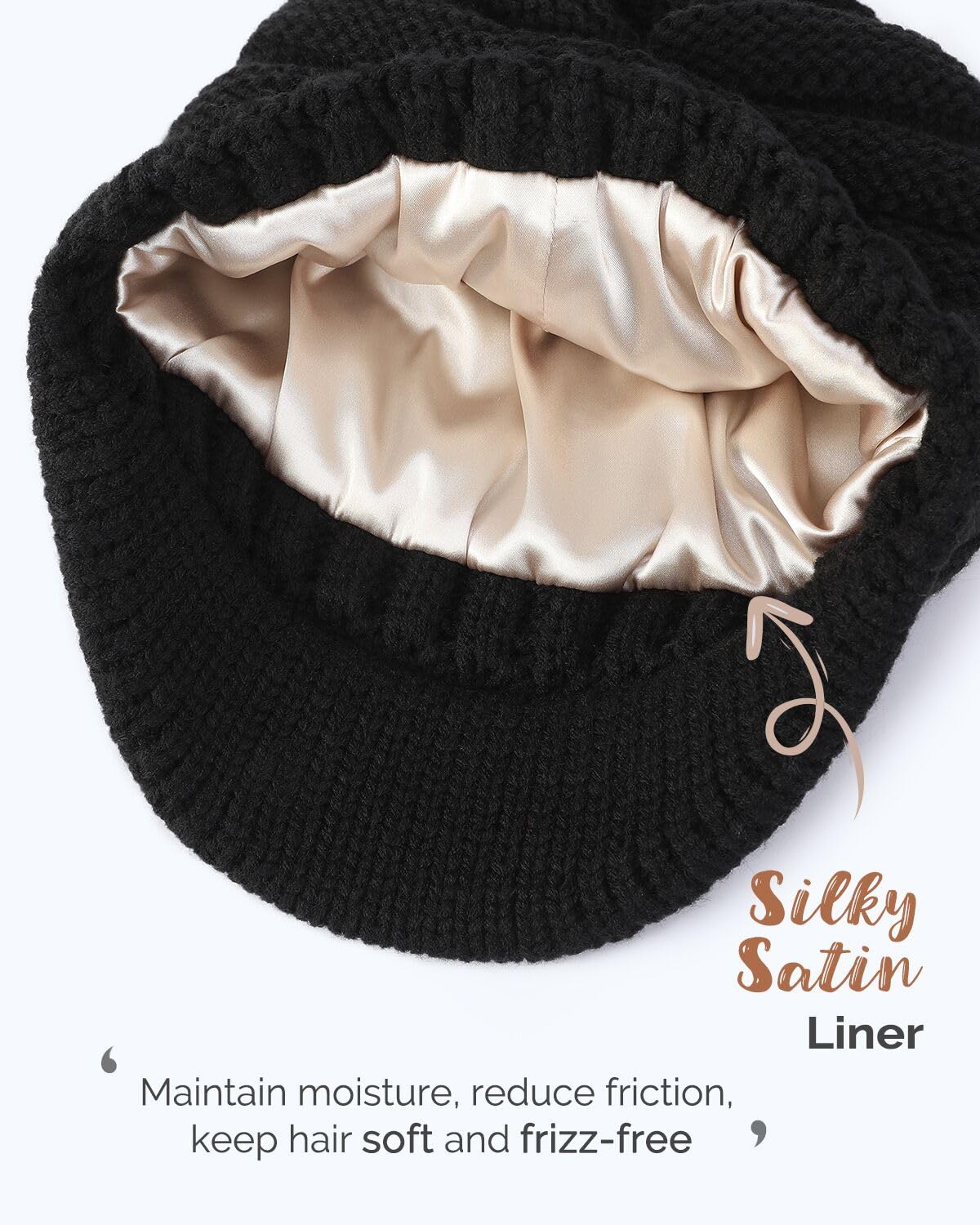Hat Hut Beanie Hat for Women Men Satin Lined Beanie for Women Satin Lined Winter Hat Slouchy hat with Visor Brim (Black)