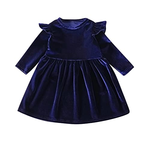 Toddler Baby Girls Velvet Tutu Dress Ruffle Long Sleeve Princess Pageant Christmas Party Wedding Dresses Fall Winter Clothes Infant Kids Birthday Holiday Playwear Dresses Outfit Navy Blue 12-18 Months