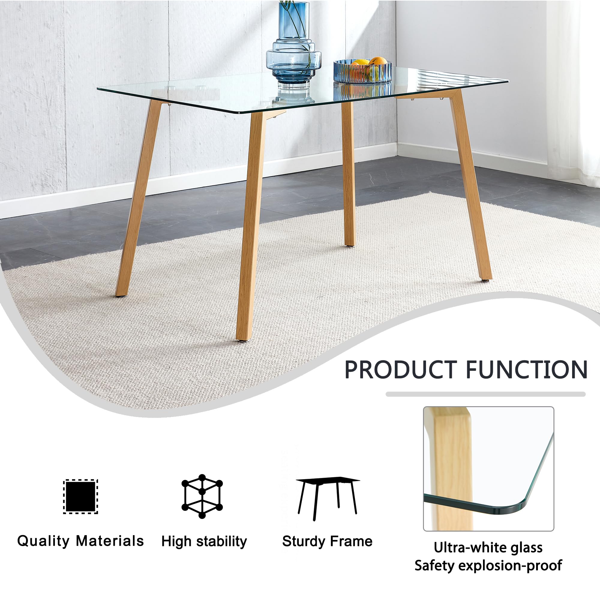 Henf Transparent Dining Table Set for 4 Persons,5-Piece Dining Table Set with 4 Plastic Chair for Kitchen Dinette,51'' Glass Dining Room Table and Chair Set,Breakfast Nook w/ 4 Chairs (Light Brown)