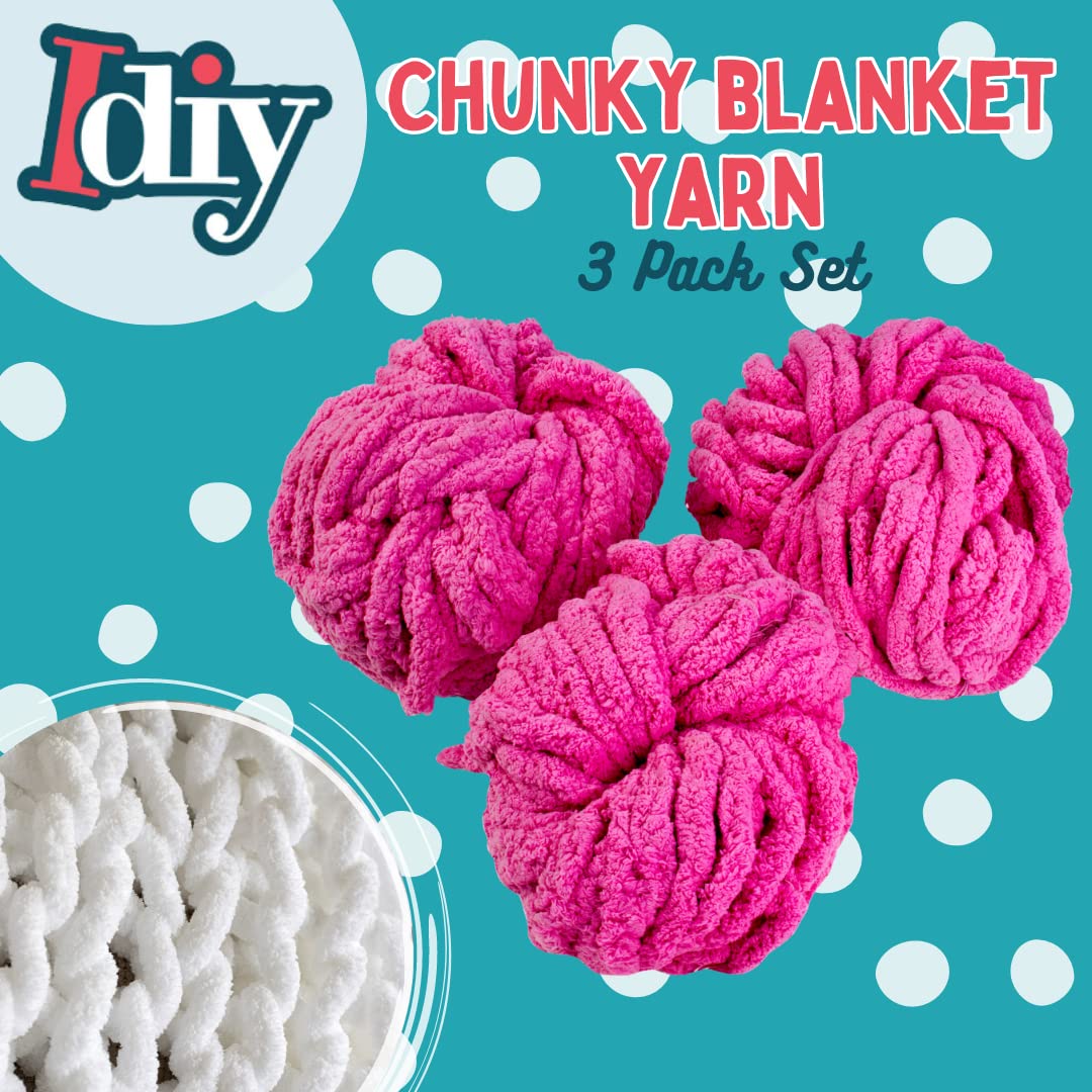 iDIY Chunky Yarn 3 Pack (24 Yards Each Skein) - Rainbow Multi Color - Fluffy Chenille Yarn Perfect for Soft Throw and Baby Blankets, Arm Knitting, Crocheting and DIY Crafts and Projects!