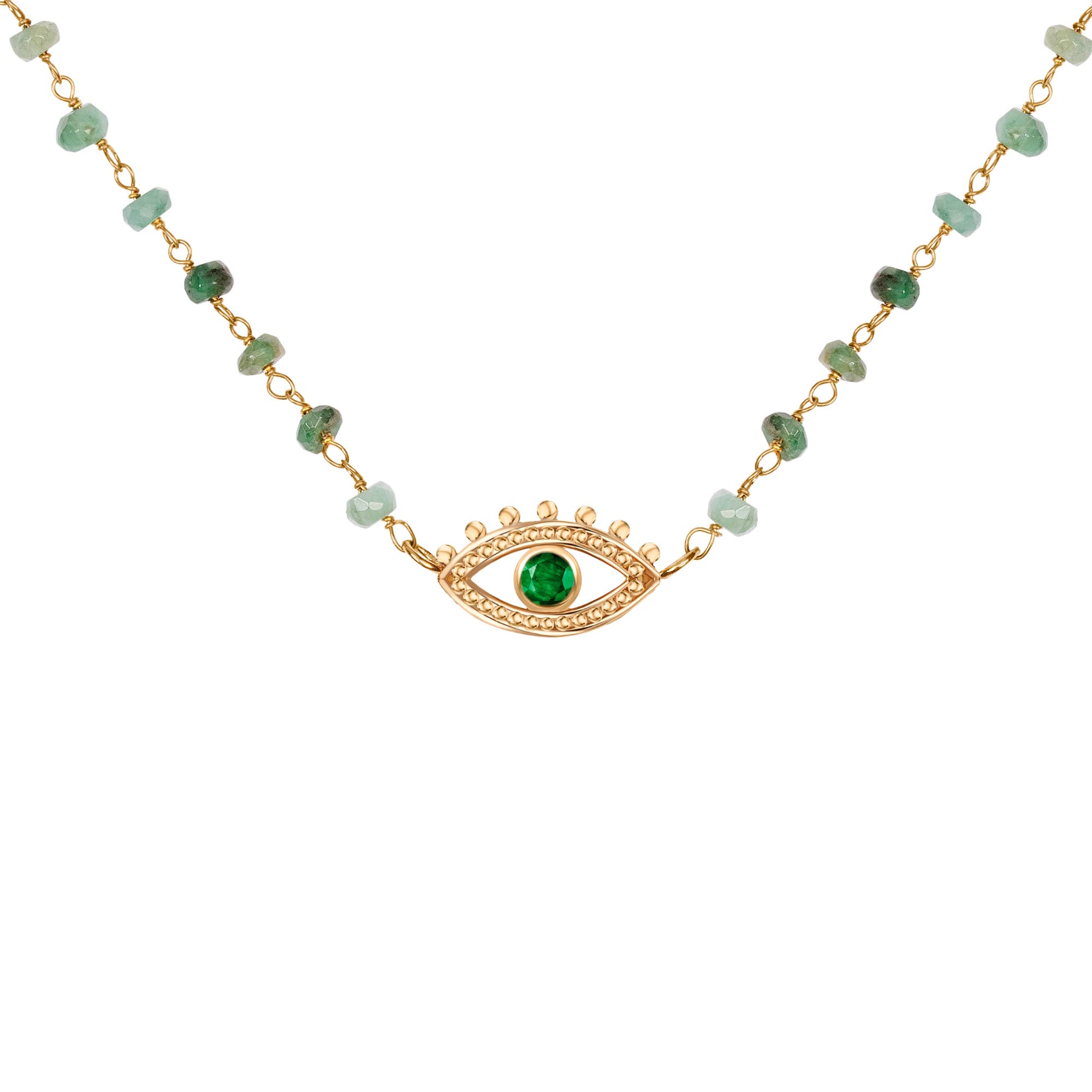 KARMA AND LUCK - Steady Guidance - Women's Real Emerald Stone 18K Gold Plated Brass Evil Eye Charm Necklace Handmade India to Deflect Negativity
