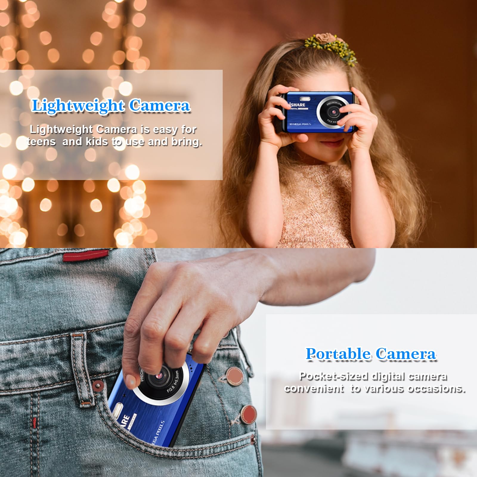 ISHARE Digital Camera for Photography, Rechargeable 30MP Point and Shoot Camera with 2.8" LCD 18X Digital Zoom for Kids Teens Elders(32GB Card & 2*Battery)