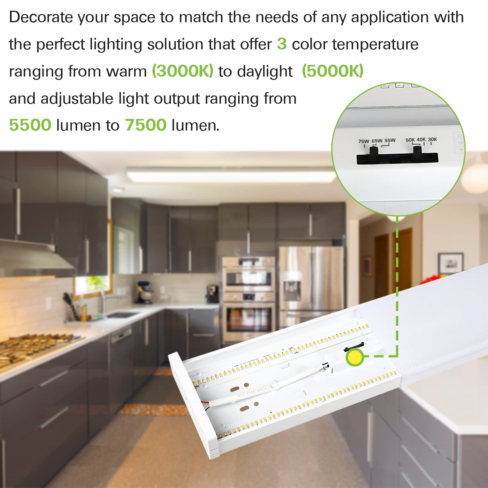 hykolity 4FT LED Wraparound Light with 3 Wattages/3 Lumens/3 CCT Selectable, 55W/65W/75W, 5500lm/6500lm/7500lm, 3000K/4000K/5000K 4 Foot LED Wrap Light Fixture, Flush Mount Office Ceiling Light, ETL