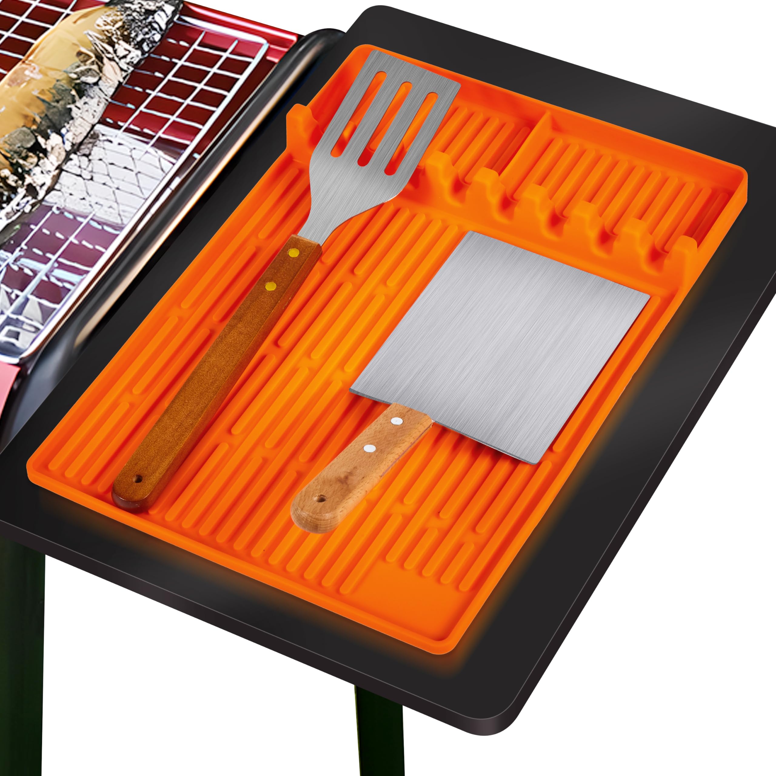 ISSEVE Silicone Griddle Tools Mat for Blackstone, Large Silicone Spatula Mat with Drip Pad, Grill BBQ Caddy Utensils Holder for Kitchen, Cooking & Countertop, Griddle Accessories for Blackstone Orange