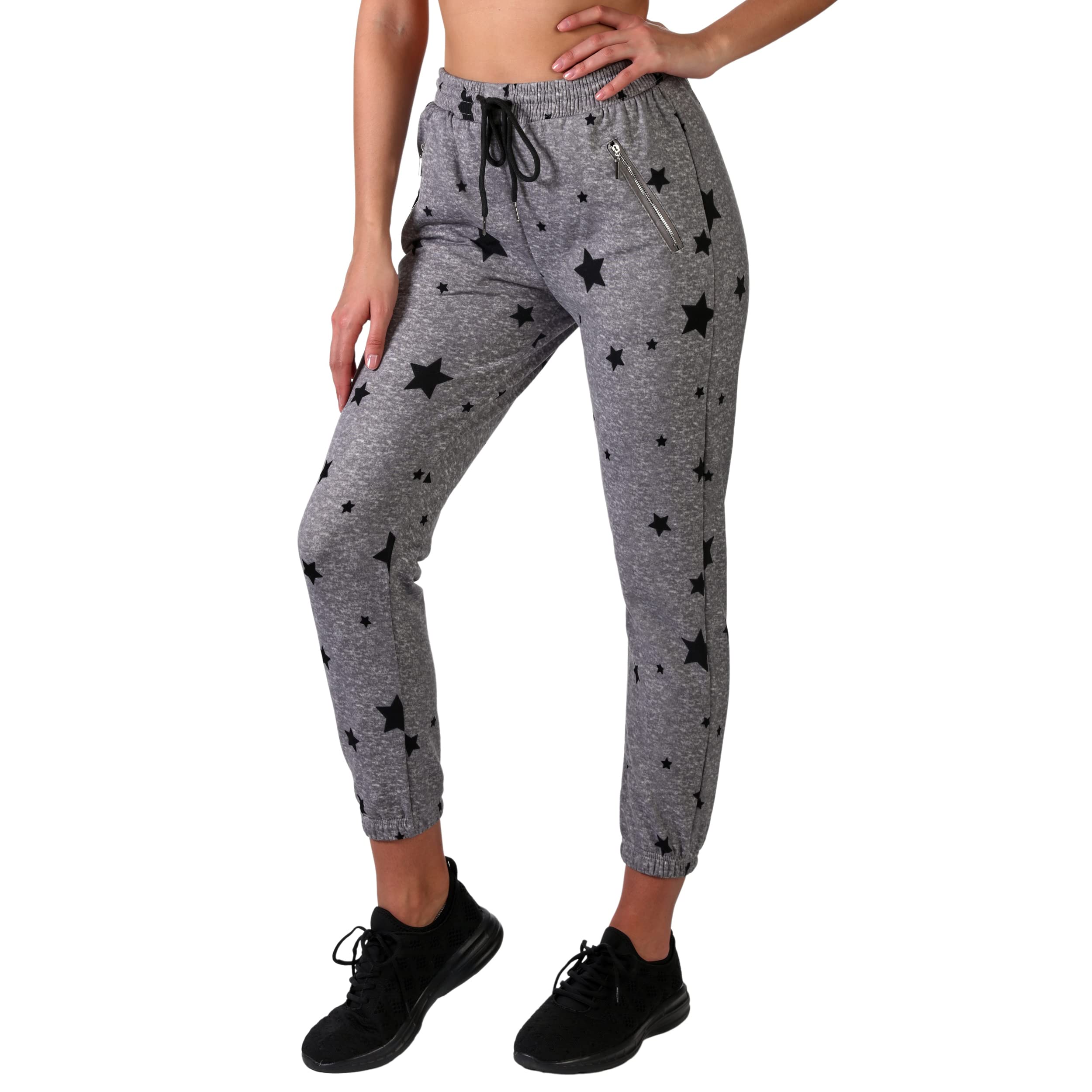 Indero Women's Soft Star Joggers Gray Active Sweatpants with Pocket Relaxed Fit - Heather Grey Black Stars L XL