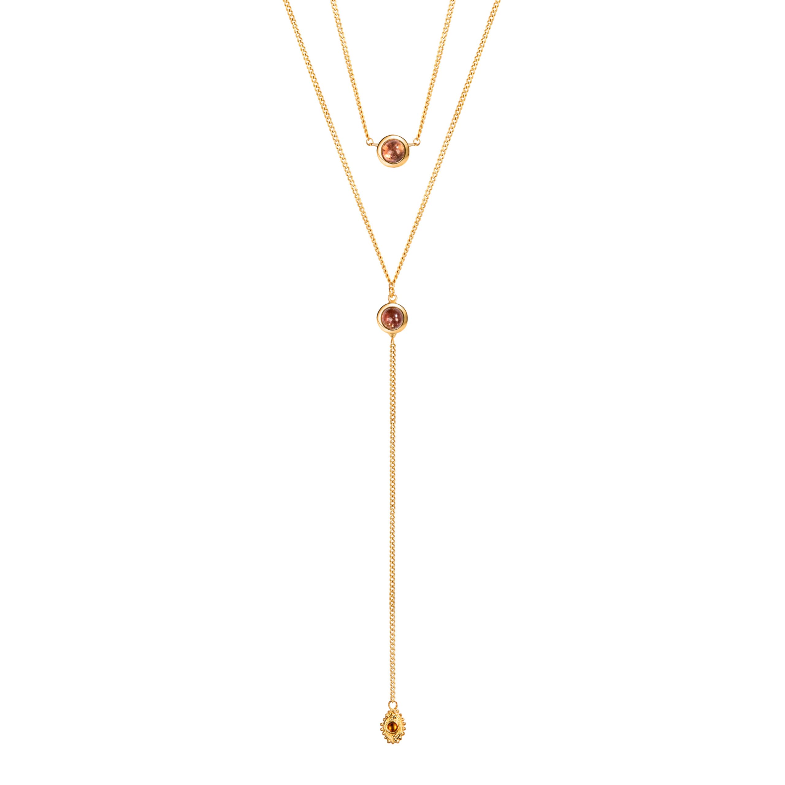 KARMA AND LUCK - Intuitive Strength - Women's Evil Eye Reflect Negativity Real Watermelon Tourmaline Stone 18K Gold Plated Double Layer Necklace Handmade in Bali