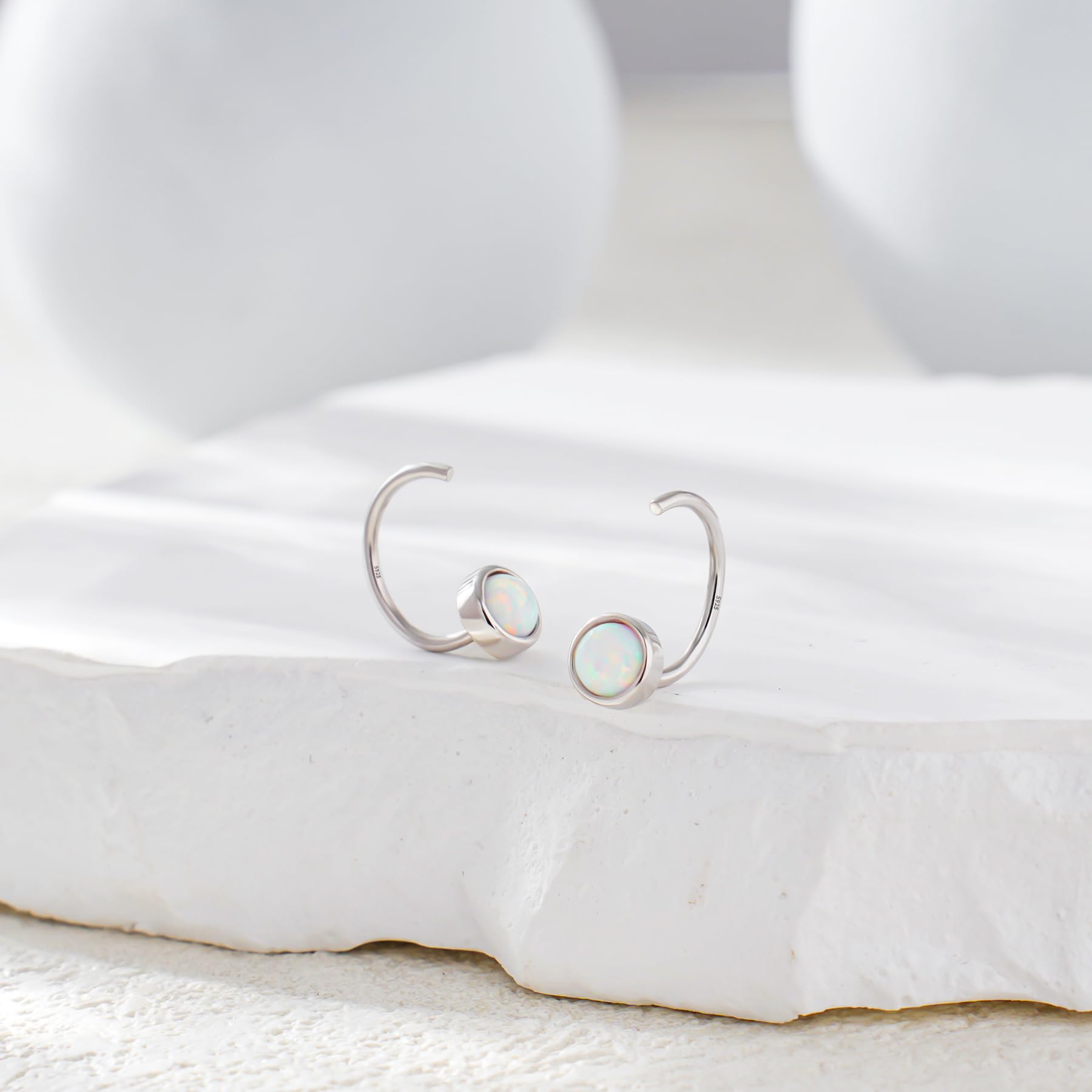 Huggie Hoop Earring 925 Sterling Silver Synthetic White Opal Earrings for Women Open Hoop & Half Hoop Earrings Tiny Hug Hoops