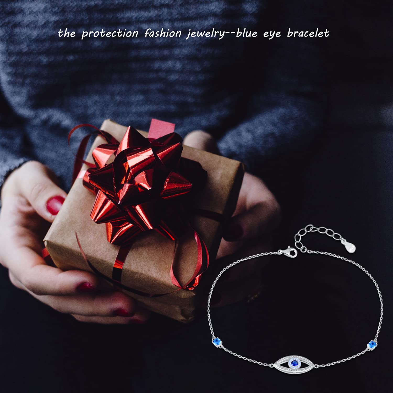 IOHUPCI 925 Sterling Silver Expandable Lucky Blue Evil Eye Chain Bracelet with Sparkling Cubic Zirconia for Women