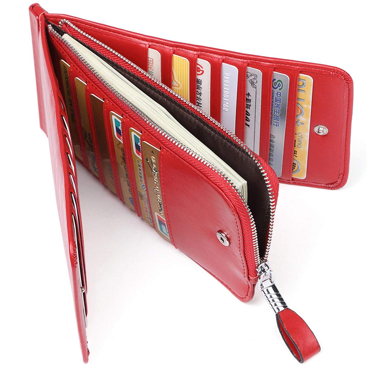 Huztencor Women's Credit Card Holder RFID Blocking Oil Wax Leather Multi Card Organizer Wallet Slim Long Zipper Bi-fold Business Card Case Clutch Wallet with ID Window Red (FBA)