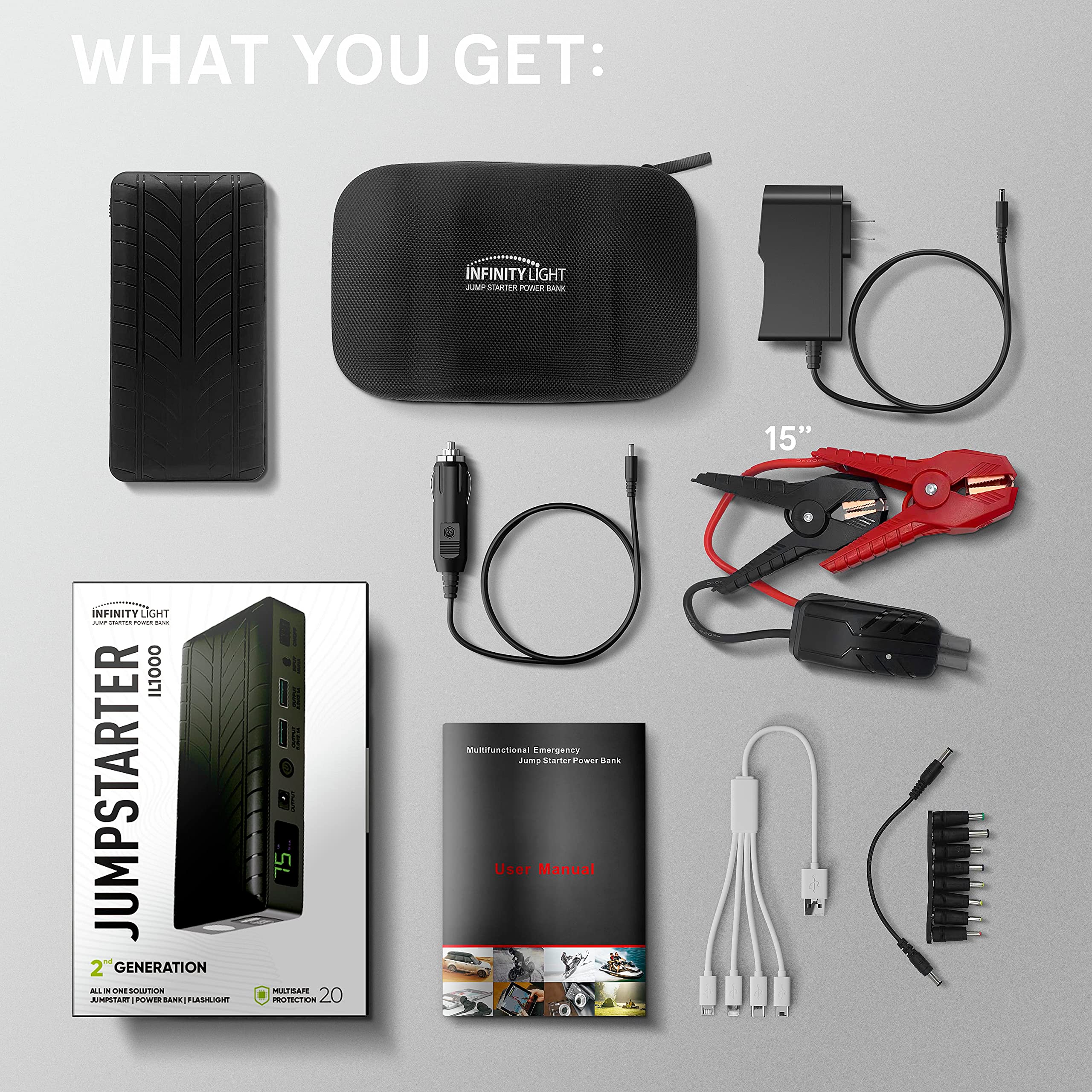 Infinity Light Jump Starter Battery Pack β 1000Amp 18,000mAh 12V Car Portable Battery Booster Pack Power Bank β 2 in 1 USB Charger with LCD Display, LED Light Emergency Warning Mode, 6L Gas/4L Diesel