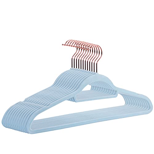Synhozz Premium Blue Velvet Hangers with Tie Bar Rose Gold Hook, Non Slip Clothes Hangers,Huggable Hangers Coat Suit Hangers, Felt Hangers, Slimline Hanger Closet Organizer Standard(Pack of 50)