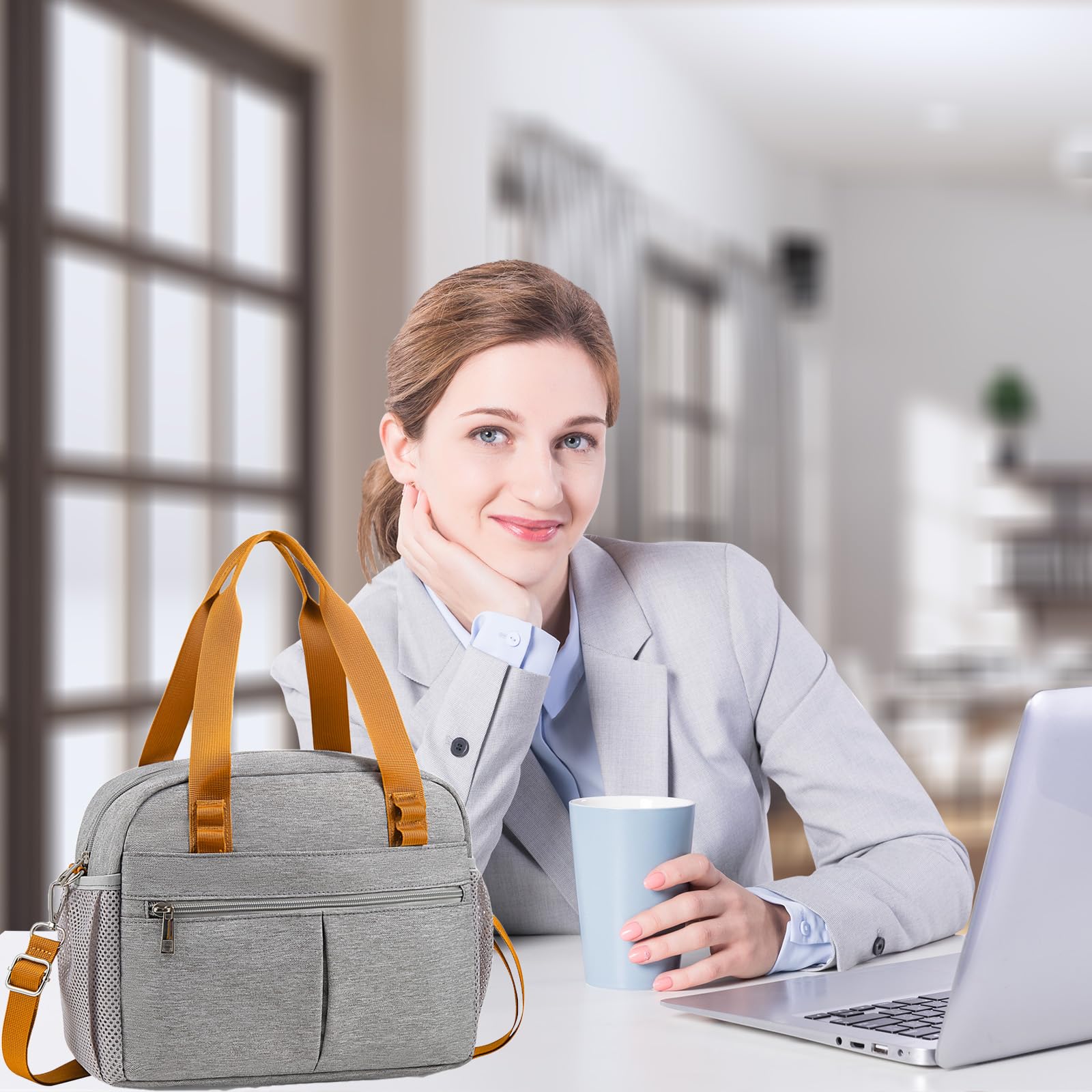 HSHPX Lunch Bag Women Insulated Adult Lunch Box Large Reusable Lunch Tote with Webbing Loop Cute Portable Lunch Cooler with Adjustable Shoulder Strap for Work Office Picnic (Gray)