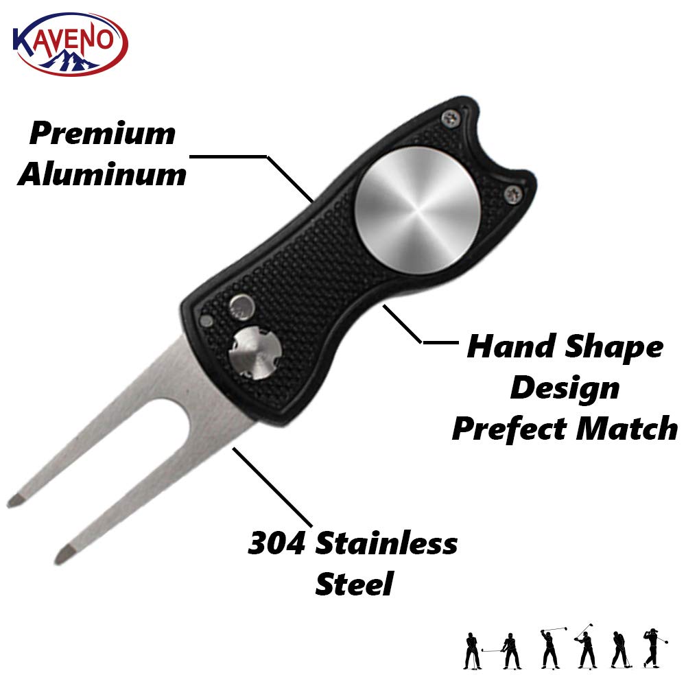 kaveno Golf Divot Repair Tool, Foldable Pop-up Button Stainless Steel Switchblade & Detachable Golf Ball Marker (Lime Green Fish 1 SET)