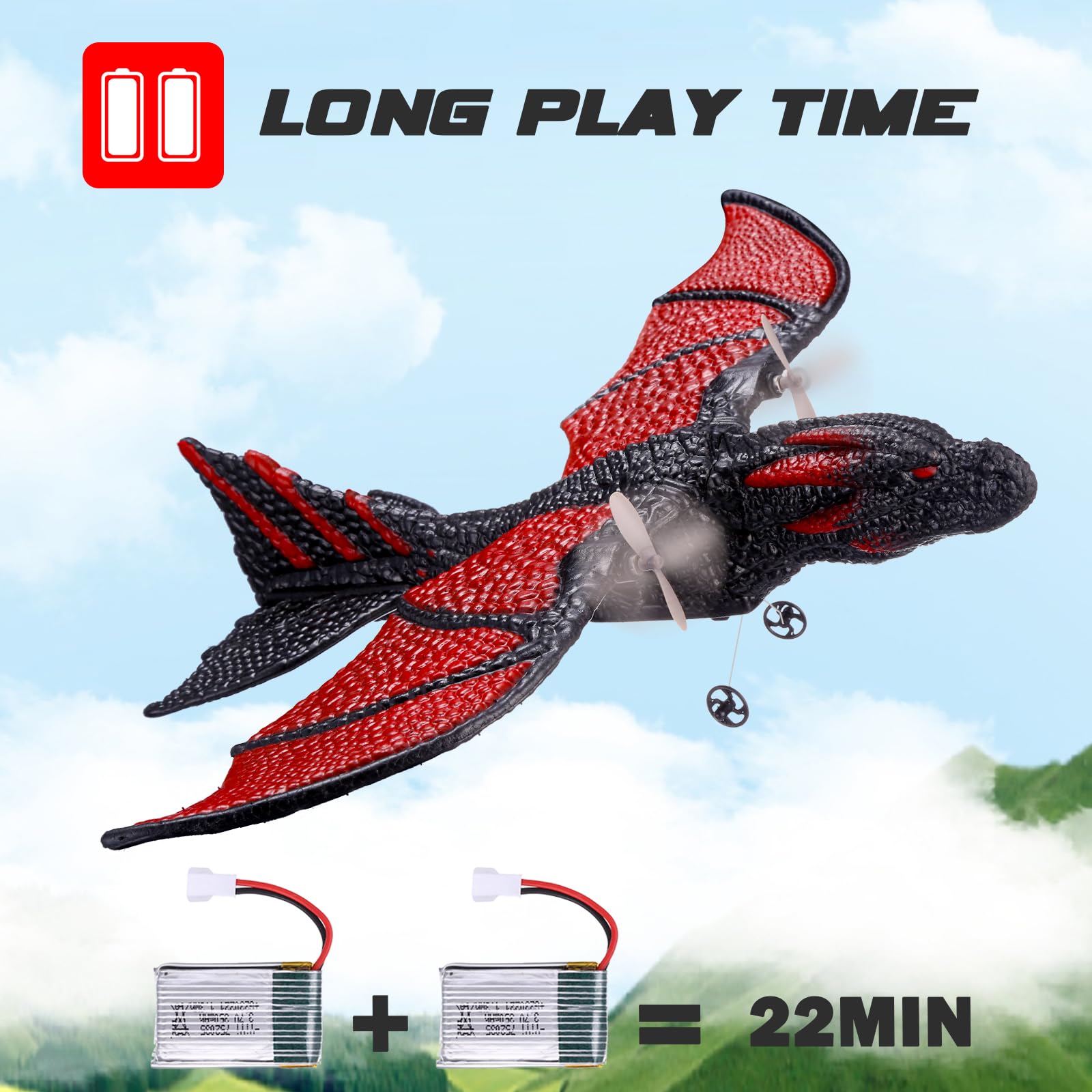 isYoung RC Plane, 2 Channel Remote Control Plane, 2.4GHz RC Airplane for Adult and Kids, Dragon Plane with 2 Batteries