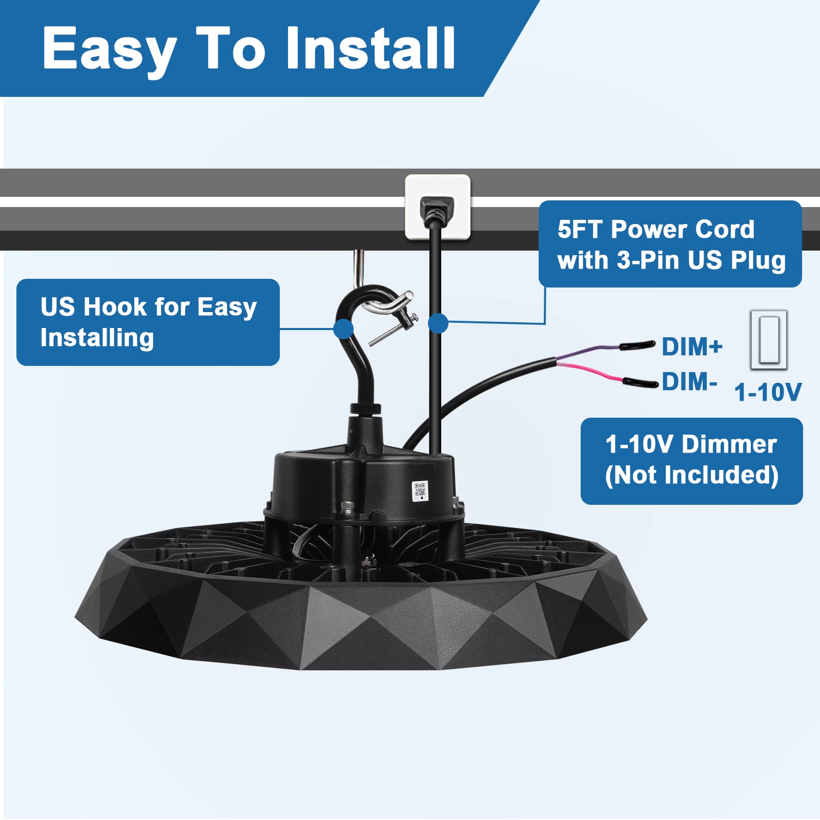 HONMY LED High Bay Light 250W 1-10V Dimmable 5000K 37500LM IP65 Waterproof UFO Commercial Bay Lighting with 5ft US Cable Plug for Warehouse Workshop Garage Factory Lights Fixture
