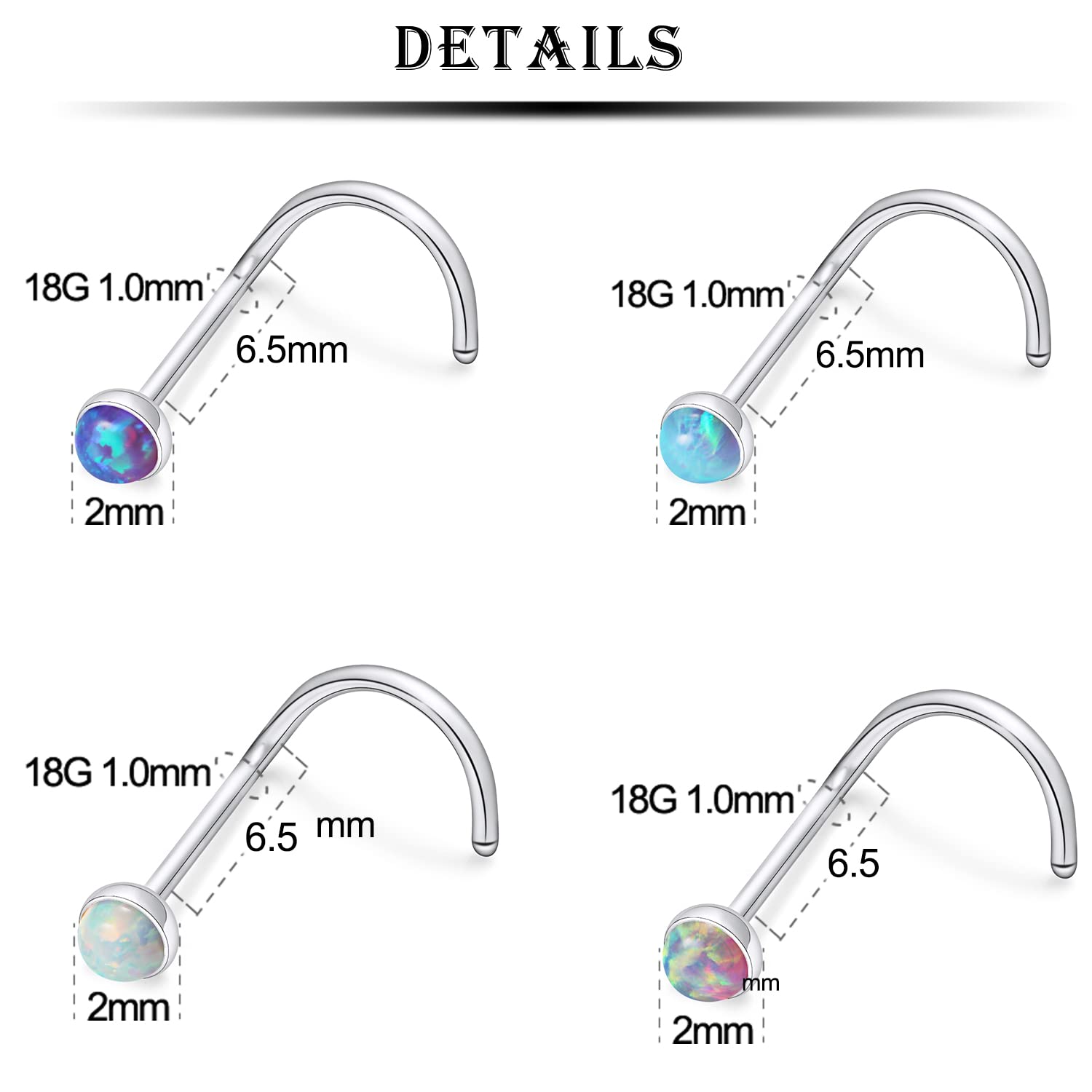 Kridzisw 18G Nose Rings for Women Stainless Surgical Steel Opal Diamond Silver Nose Ring Studs Corkscrew Screw Twist Spiral Nose Nostril Piercing Studs Hook Piercing Jewelry for Women Men 1.5mm
