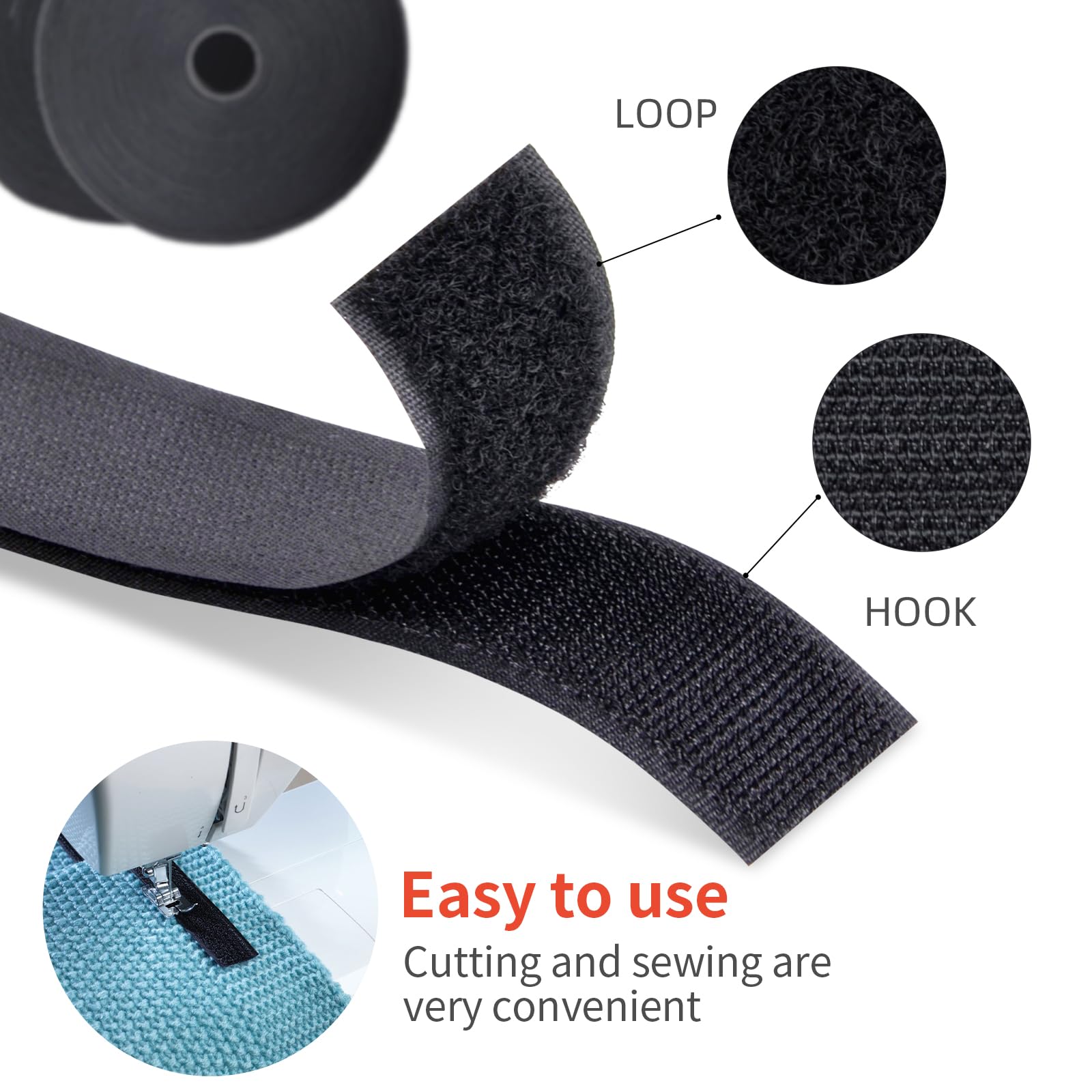 Hook and Loop Strips Fastening Nylon Fabric Tape 1Inchx33Ft Non-Adhesive Strips Black Interlocking Tape for Sewing Crafts and DIY Projects