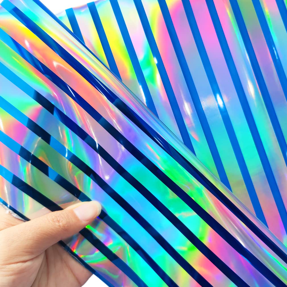HYANG Laser Stripes Transparent Blue PVC Faux Leather 1 Roll 12"X53"(30cmX135cm), PVC Leather Very Suitable for Leather Earrings, Bows, Handbag , Mat Bag ,Crafts Making