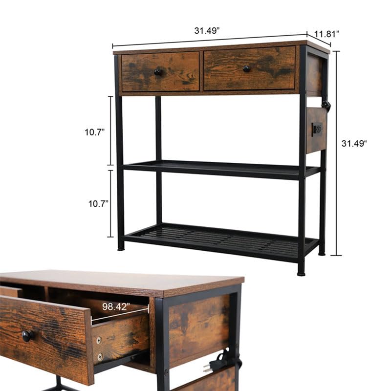 HESIEU Farmhouse Console Table Narrow Sofa Table with 2 Drawers 2 Shelves Coffee Bar Collection Table with Power Sockets and USB Ports for Entrance Hallway Living Room Dining Room