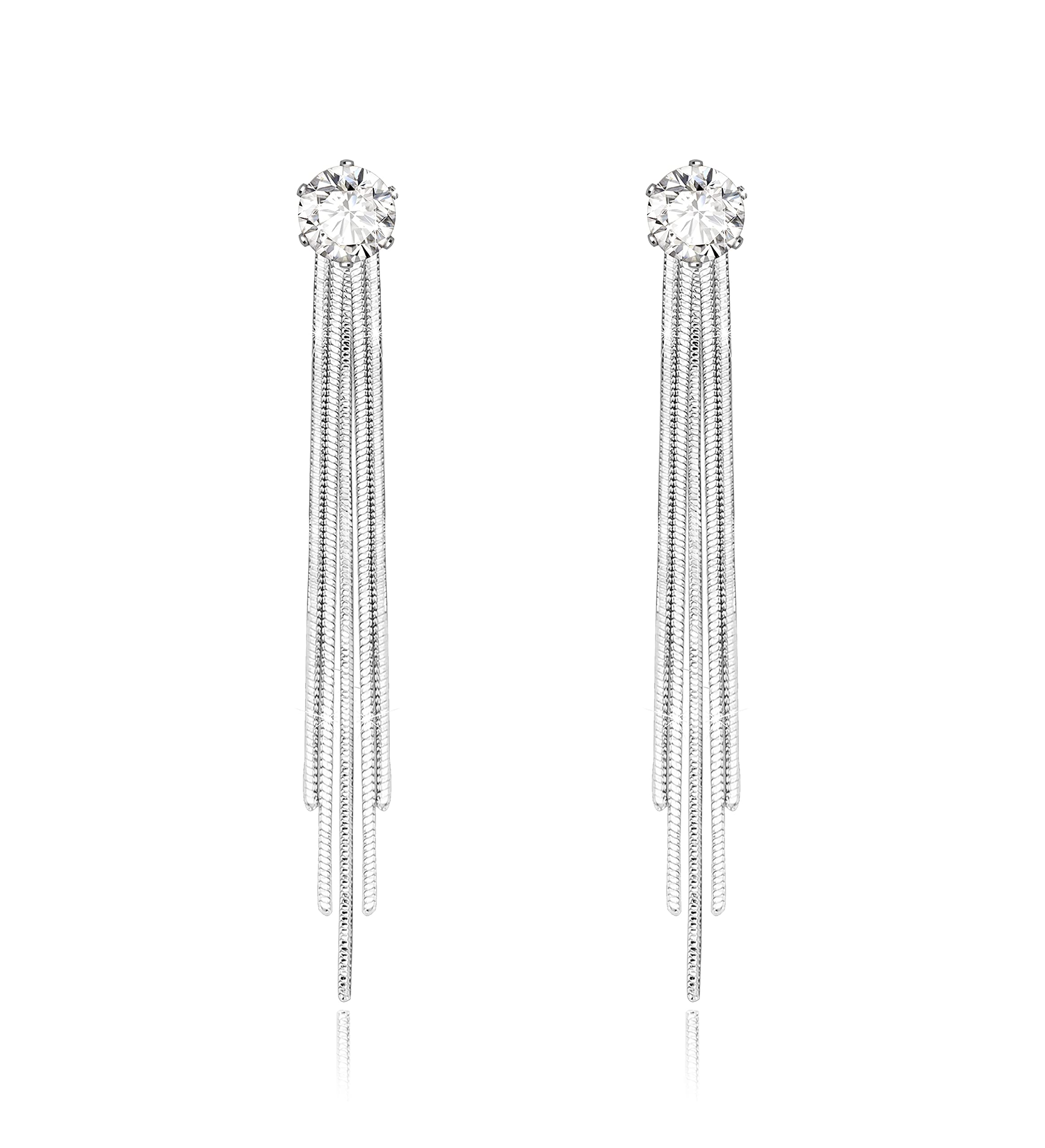 KristLand - S925 Silver/Alloy Hook Sleek Chain Tassel Drop Earrings Long Crystal Fringe Dangle Simple Dainty Earrings Tassel Earrings A Zircon Silver