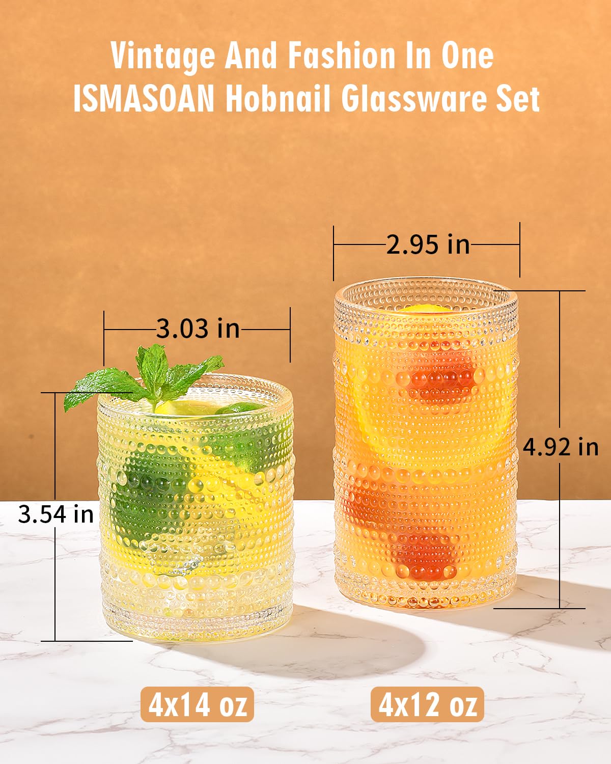 ISMASOAN Vintage Drinking Glasses Set of 8,Hobnail Glassware 14 oz and 12 oz,Bubble Glasses Drinking,Vintage Glassware,Beaded Glassware,Highball Glasses,Gift Box Set