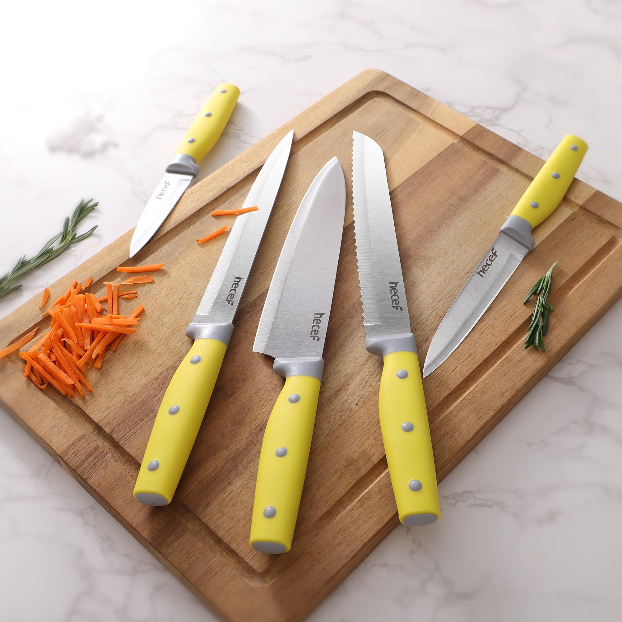 hecef Kitchen Knife Set with Magnetic Strip, 6 pcs Professional Knives Set for Kitchen, 13-inch Magnetic Strip Stainless Steel Sharp Chef Knife Set with Yellow Handle for Cutting Meat & Vegetable