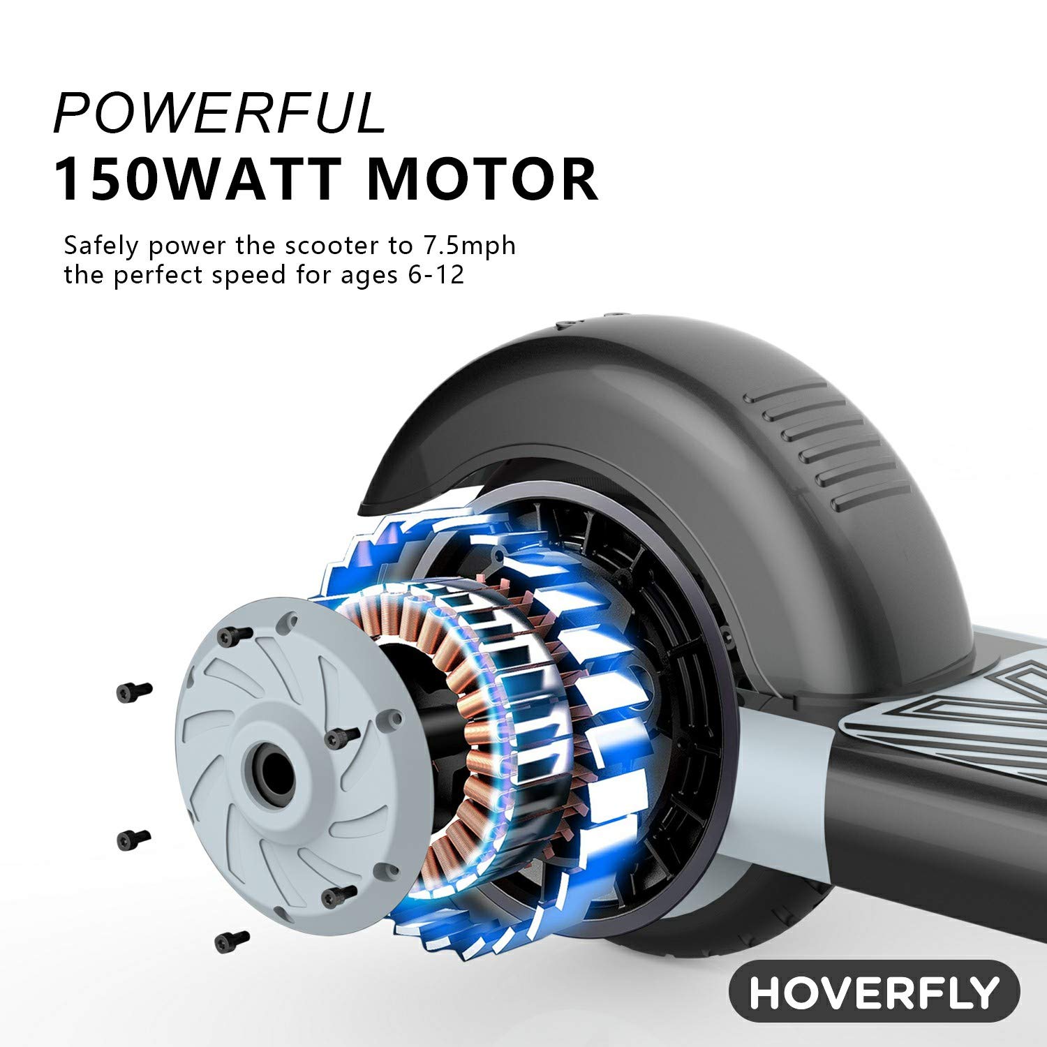 HOVERFLY GKS Kids Electric Scooter, Max 4 Miles Range & 7.5 Mph Speed, 6" Solid Rubber Wheels & UL2272 Certification, Lightweight Electric Kick Scooter for Kids Ages 6-12, Black