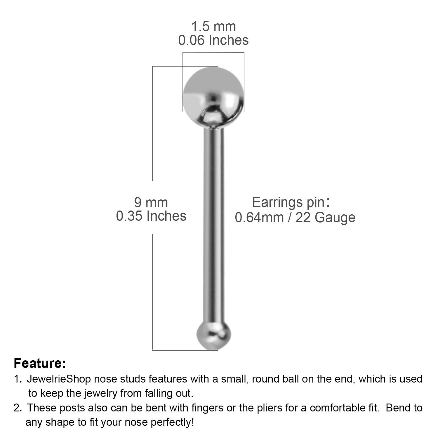 JEWELRIESHOP 40pcs Nose Ring Studs Stainless Steel Nose Piercing Jewelry Bone Studs for Women Men Hypoallergenic 22G (1.5mm,Silver Ball)
