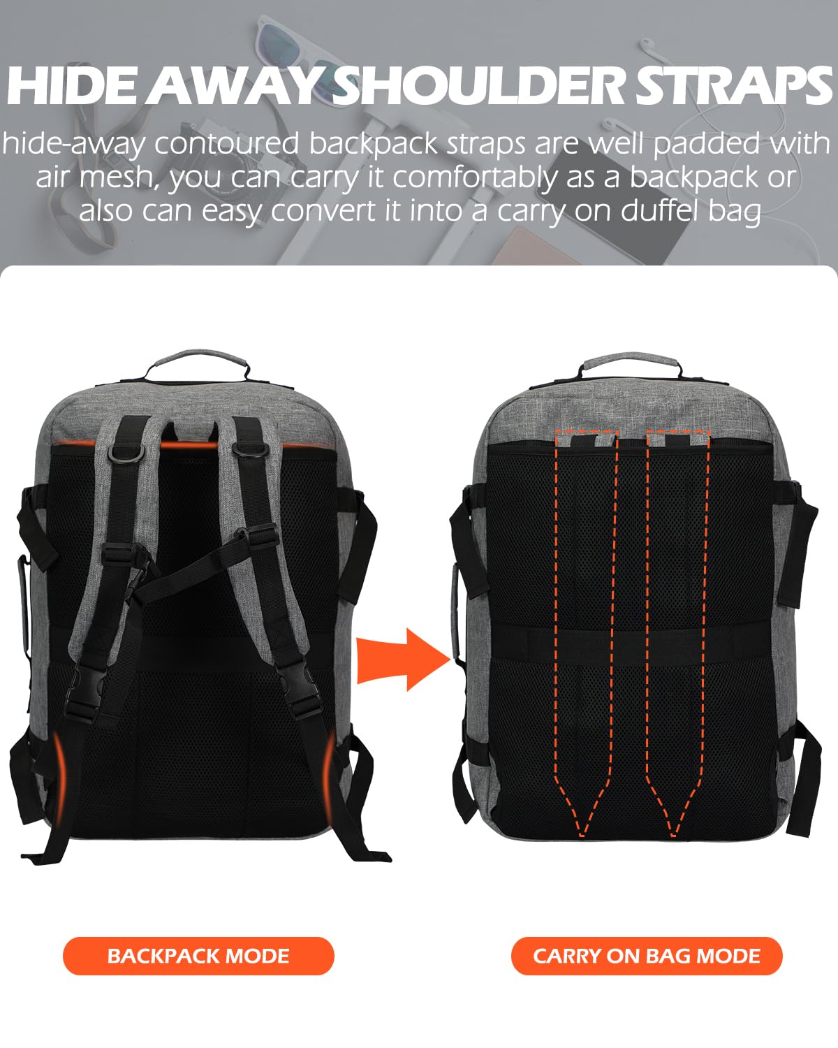 Hynes Eagle Carry on Backpack 38L Large Travel Backpack for Women Flight Approved Weekender Bag Laptop Backpack Men 15 inches Orange Grey with Black Grey
