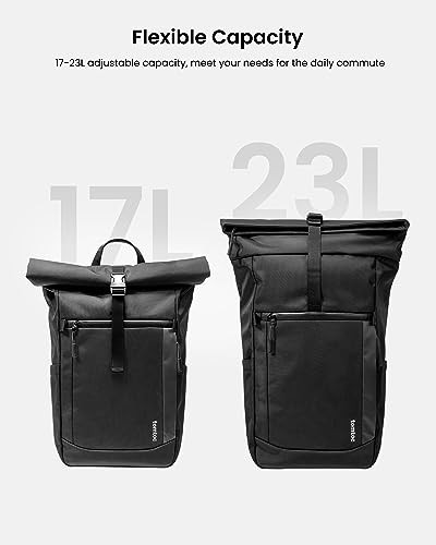 tomtoc Roll Top Laptop Backpack, Lightweight, Water-Resistant Commute Expandable Casual Daypack for 13-16 inch MacBook, Rucksack for Work College Trip, Large Capacity Adjustable 17-23L, Black
