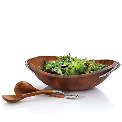 Nambe Braid Salad Bowl with Servers | 3-Piece Set | Large Wooden Serving Bowl for Caesar Salad, Large Salads | Big Salad Bowl with Serving Utensils | Made of Chrome & Acacia Wood (20” L x 16” W)