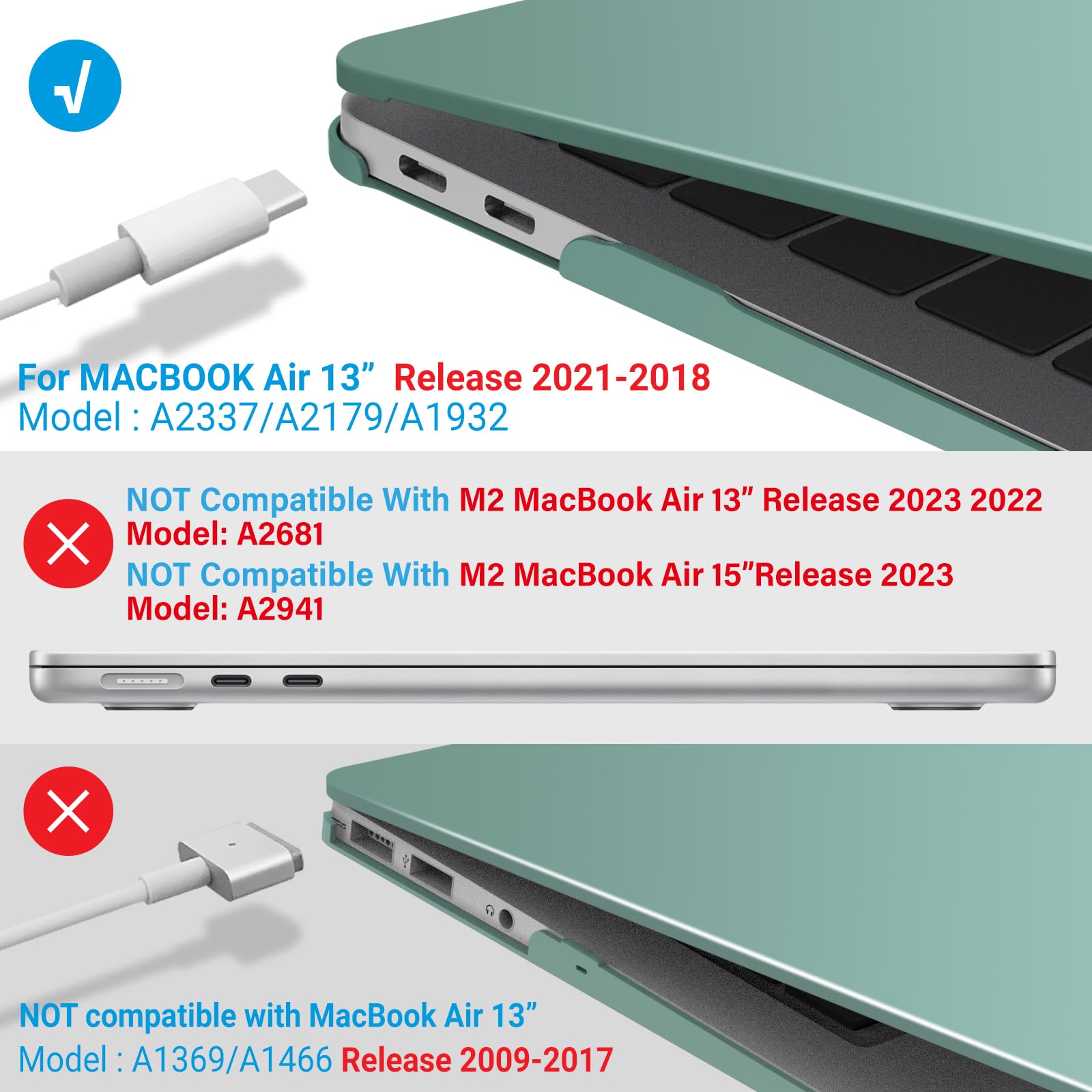 IBENZER Compatible with New MacBook Air 13 inch case 2022 2021 2020 M1 A2337 A2179 A1932, Hard Shell Case&Keyboard Cover&Screen Film for Mac Air 13 with Touch ID (2018-2022), Green, AT13GN+2