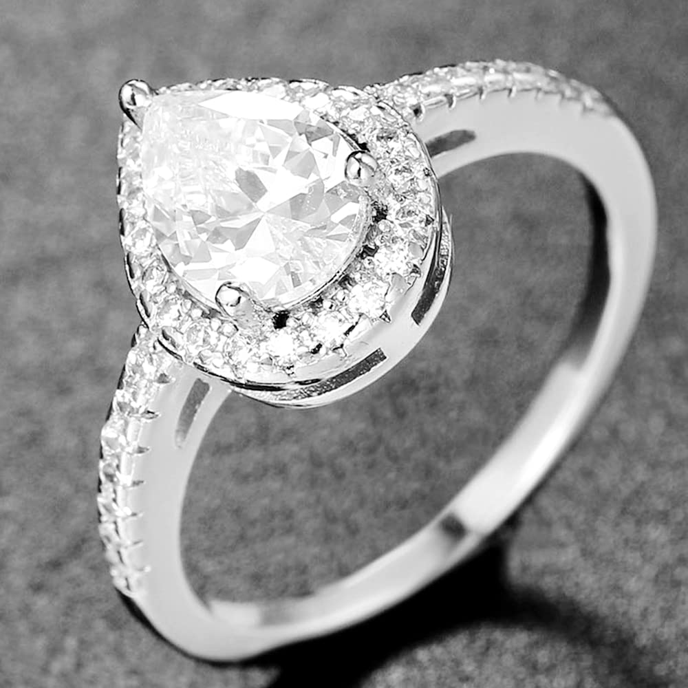 Jude Jewelers Silver Rose Gold Plated Water Drop Tear Shape Cubic Zircon Wedding Engagement Proposal Ring (Silver, 8)