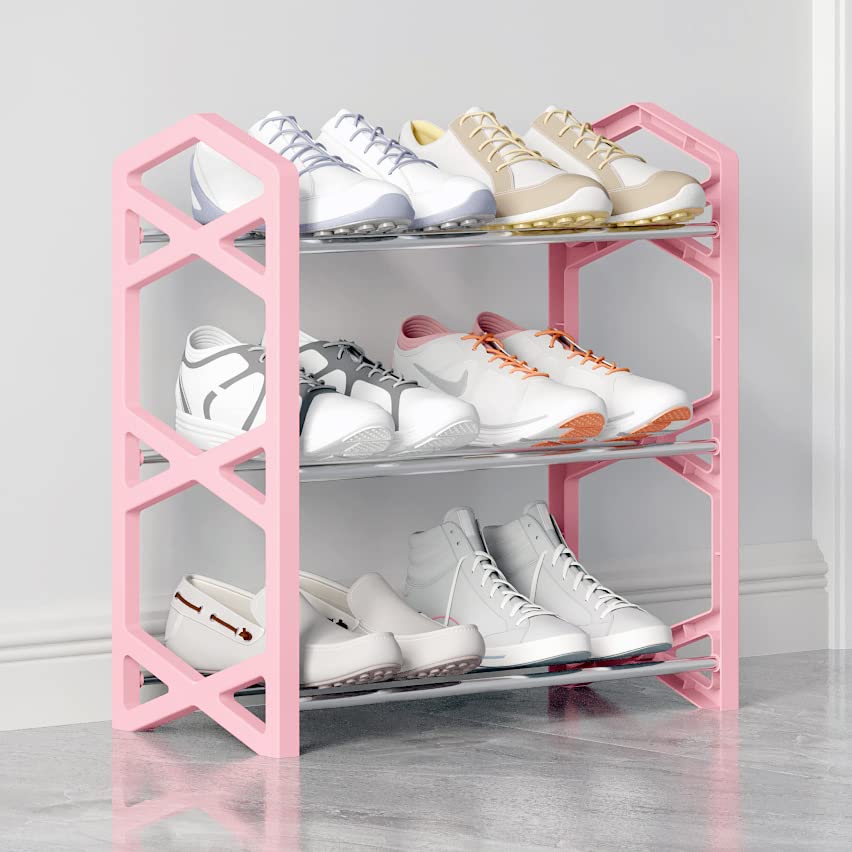 SHELAKET Upgrade 3-Tier Small Shoe Rack, Metal Lightweight 5-7 Pairs Shoe Shelf Storage Organizer for Entryway, Hallway and Closet(Pink)