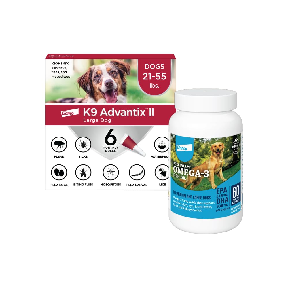 K9 Advantix II Vet-Recommended Flea, Tick, and Mosquito Prevention for Large Dogs and Free Form Omega-3 Fish Oil Snip Tips for Medium and Large Dogs | 6-pack + 60-count