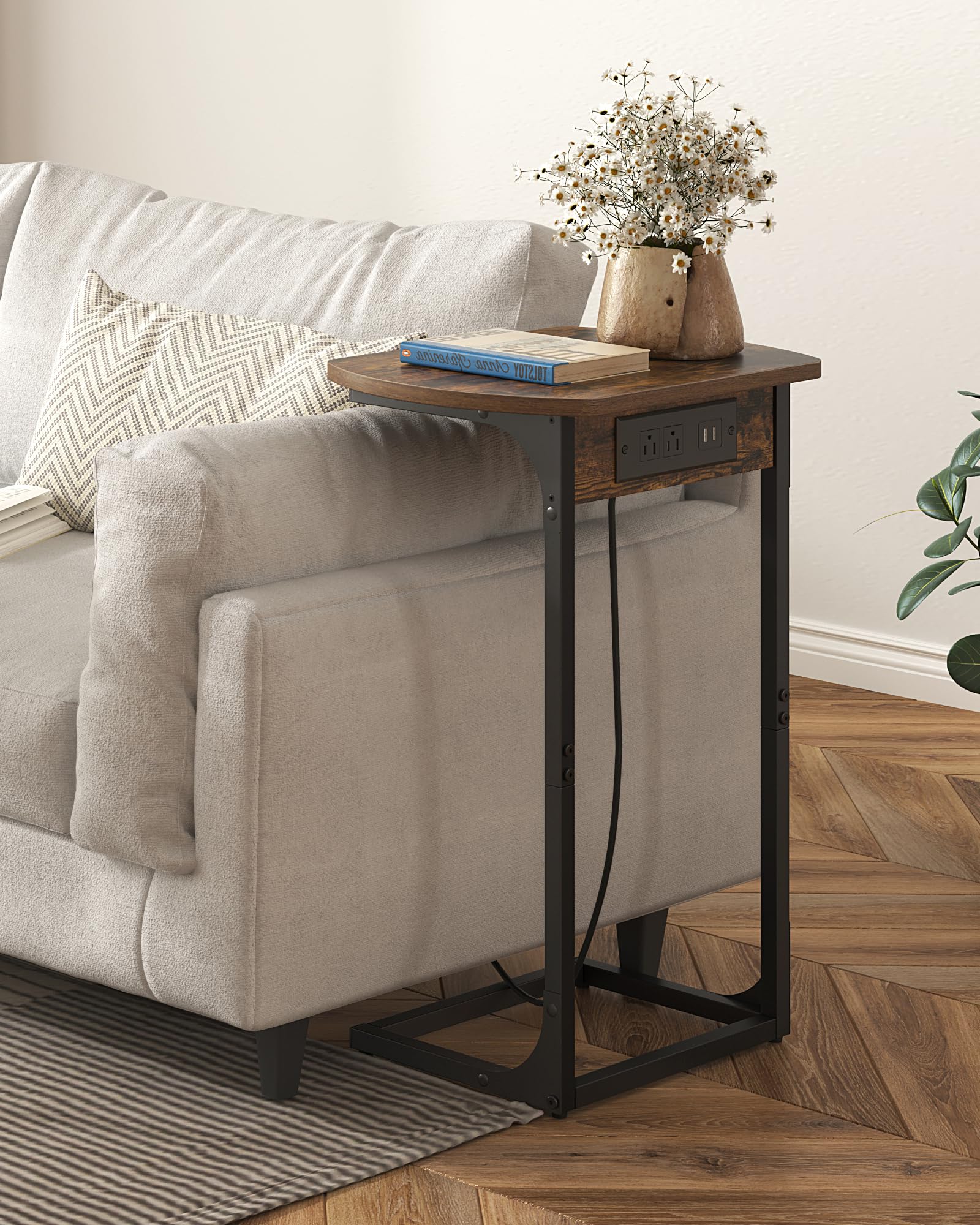 Hzuaneri C Shaped End Table with Charging Station, Bed Side Table with USB Port & Outlet, Couch Table, C Snack Table for Living Room, Bedroom, Rustic Brown and Black ET05101B