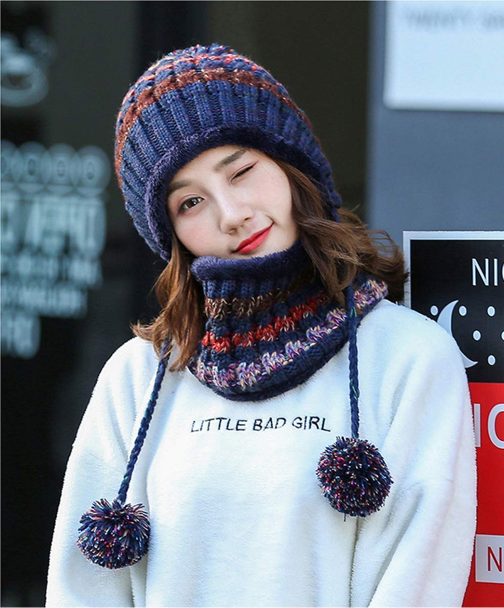HUAMULAN Women Winter Beanie Hat Circle Scarf Set Pompoms Peruvian Ski Snow Ear Flaps Sherpa Knit Hats Fleece Lined Slouchy
