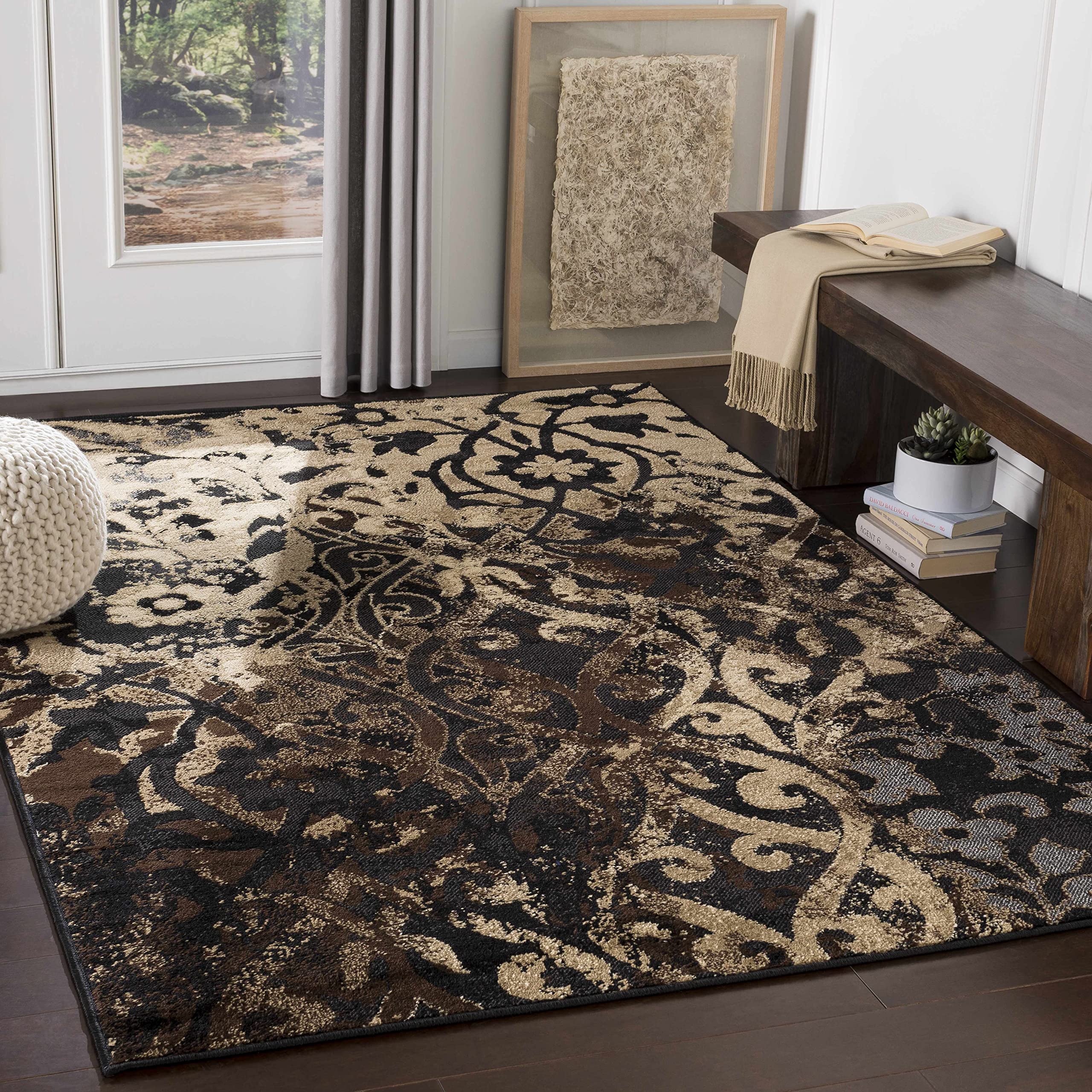 Hauteloom Lawtell Transitional Hallway, Entryway Runner Rug - Mid Century Modern Carpet - Traditional Classical Look - Black, Light Brown, Dark Brown, Tan - 2'2" x 7'7"