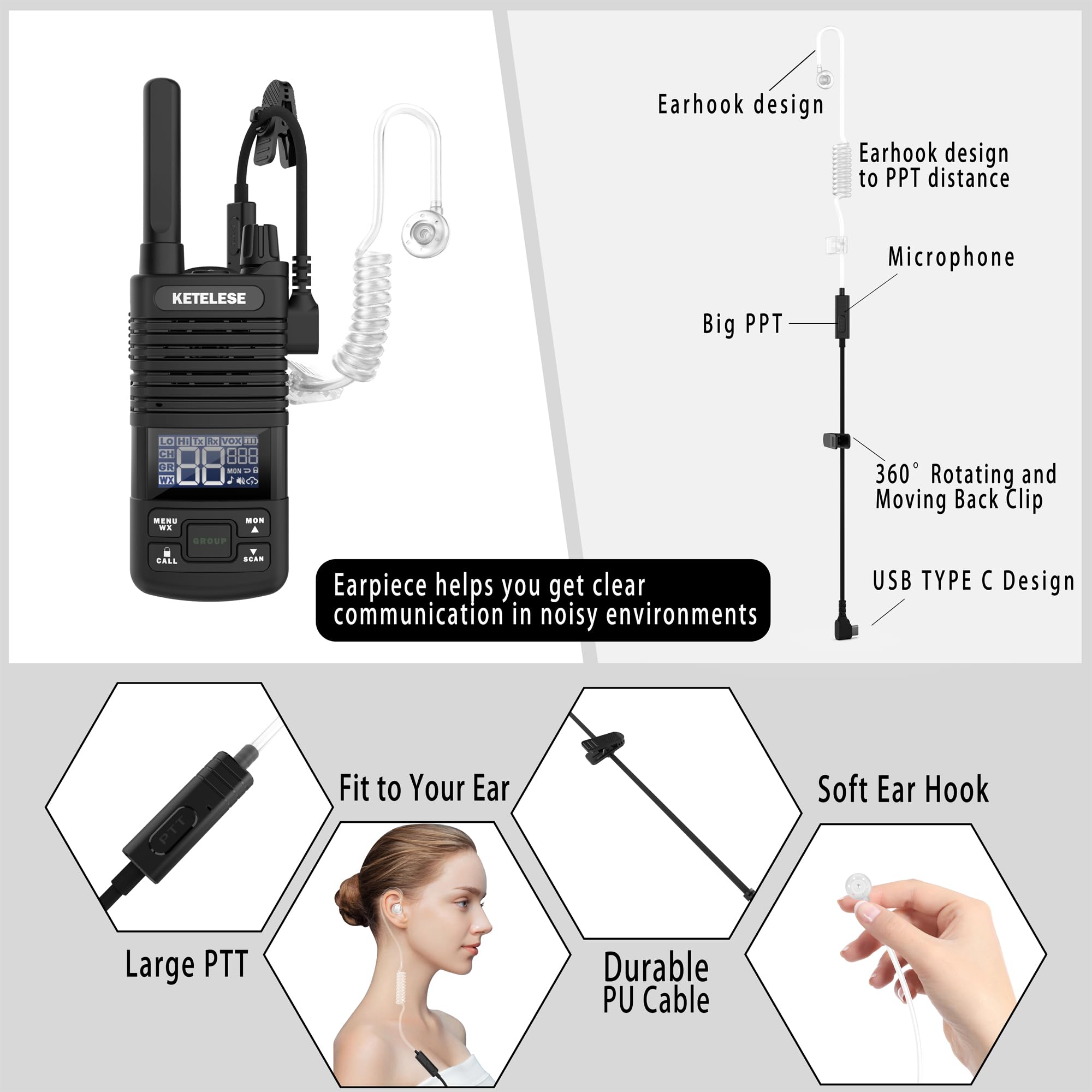 KETELESE T1 Rechargeable Walkie Talkies for Adults Long Range, 22 Channel 2 Way Radios, USB C FRS Walkie-Talkie with Earpiece, NOAA, VOX, Group Call for Hiking, Camping, Hunting (2 Pack), Black