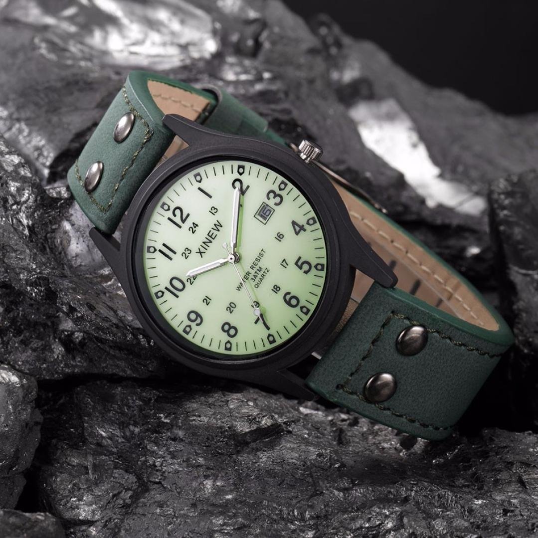 IEason,Vintage Classic Men's Waterproof Date Leather Strap Sport Quartz Army Watch (Light Green)