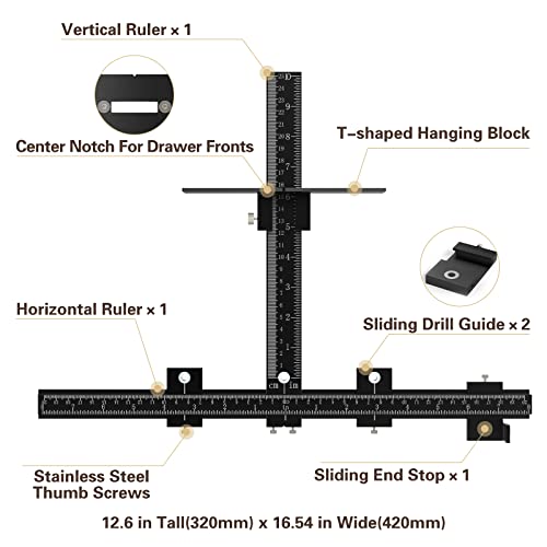Roylvan Cabinet Hardware Jig Tool, Adjustable Punch Locator Drill Guide Jig, Aluminum Alloy Wood Drilling Dowelling Tools, Drawer Cabinet Woodworking Template Jig for Handles Knobs Pulls, Black