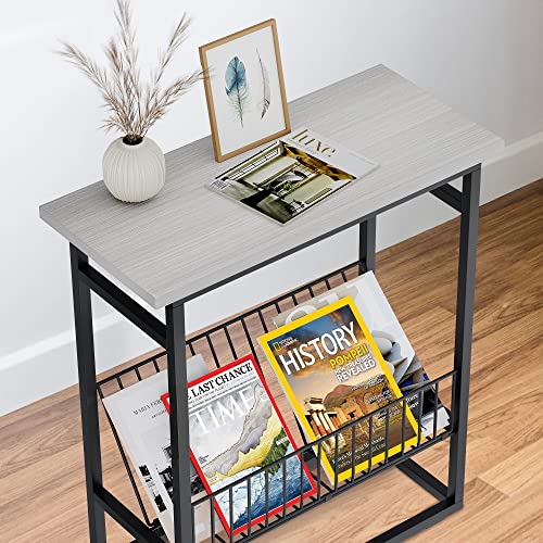 Unglehome End Table, Narrow Nightstand, Skinny Bedside Tables, Small Side Table for Small Spaces with Magazine Holder Rustic Slim Little Thin Table for Living Room, Bedroom, Sofa-Light Grey